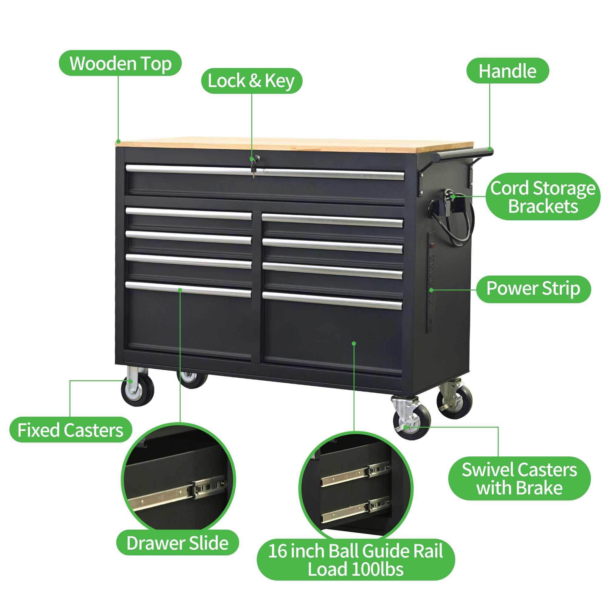 TOPKEY 46" Rolling Tool Chest Mobile Cabinet with Rubber Wood Top & 9 Drawers, Heavy Duty Workstation for Garage, Workshop, with Power Strip, 1500 lbs Load Capacity
