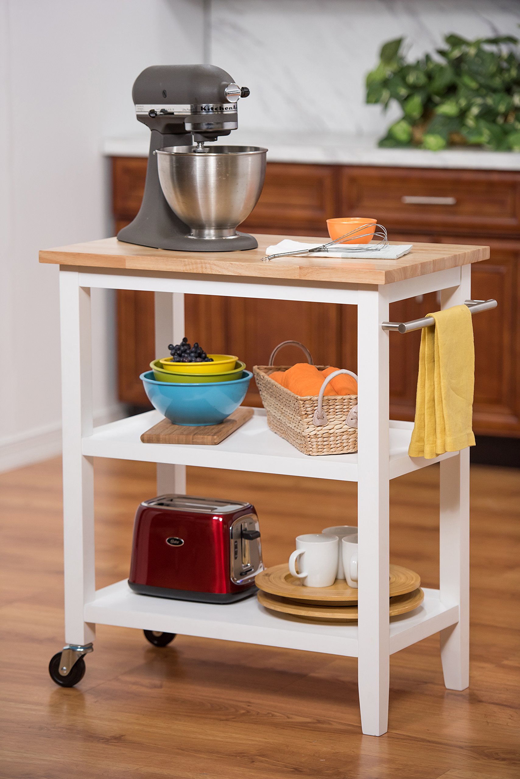 TRINITY 30-Inch Wood Kitchen Coffee Cart with Wheels, Two Shelves, and Rubberwood Work Surface for Kitchen Storage and Food Preparation, 30” W x 18” D x 35” H