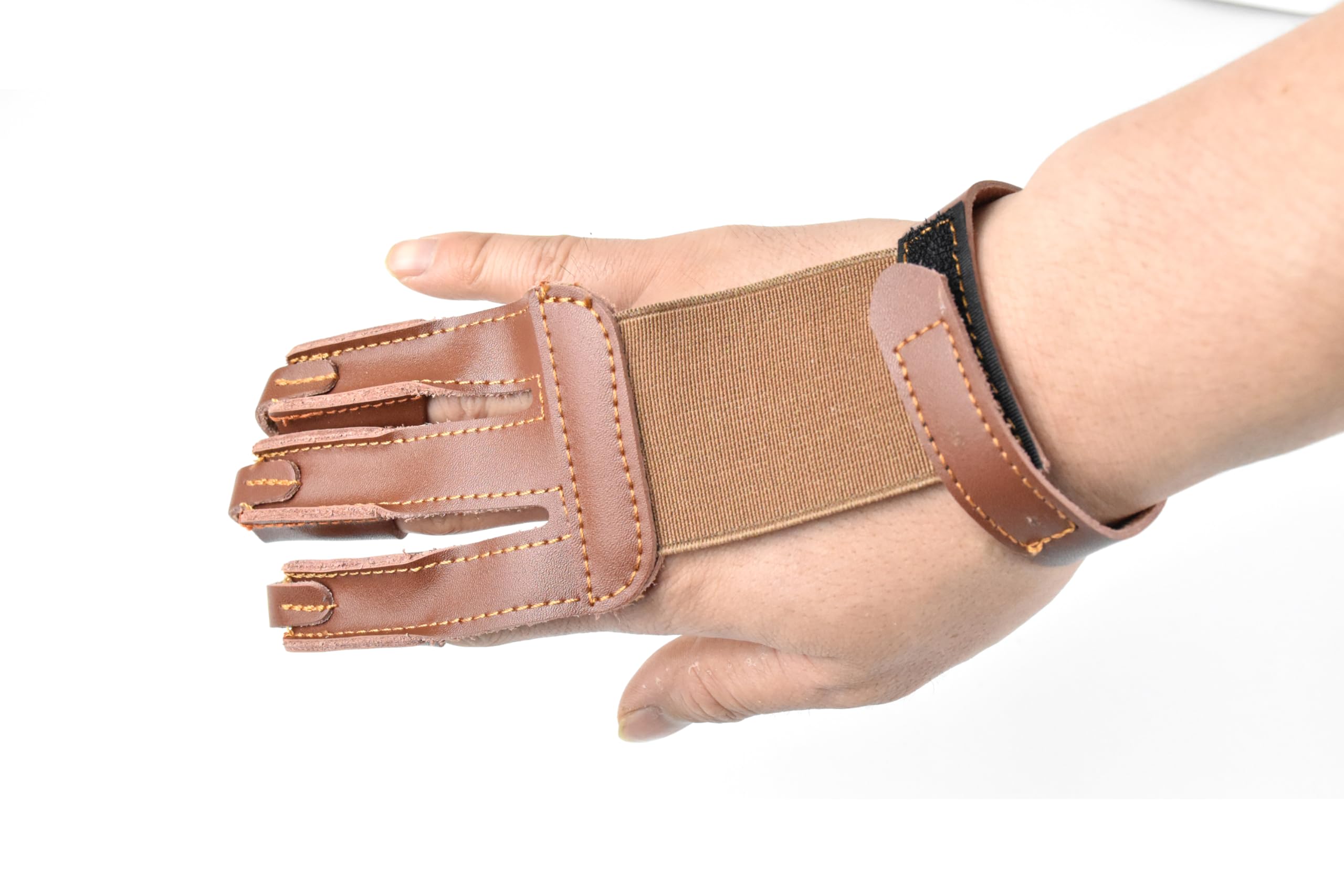 Windfulogo Leather Archery Hand Glove Finger Tab Hand Guard Protector Long Bow for Right Hand 3 Fingers Brown