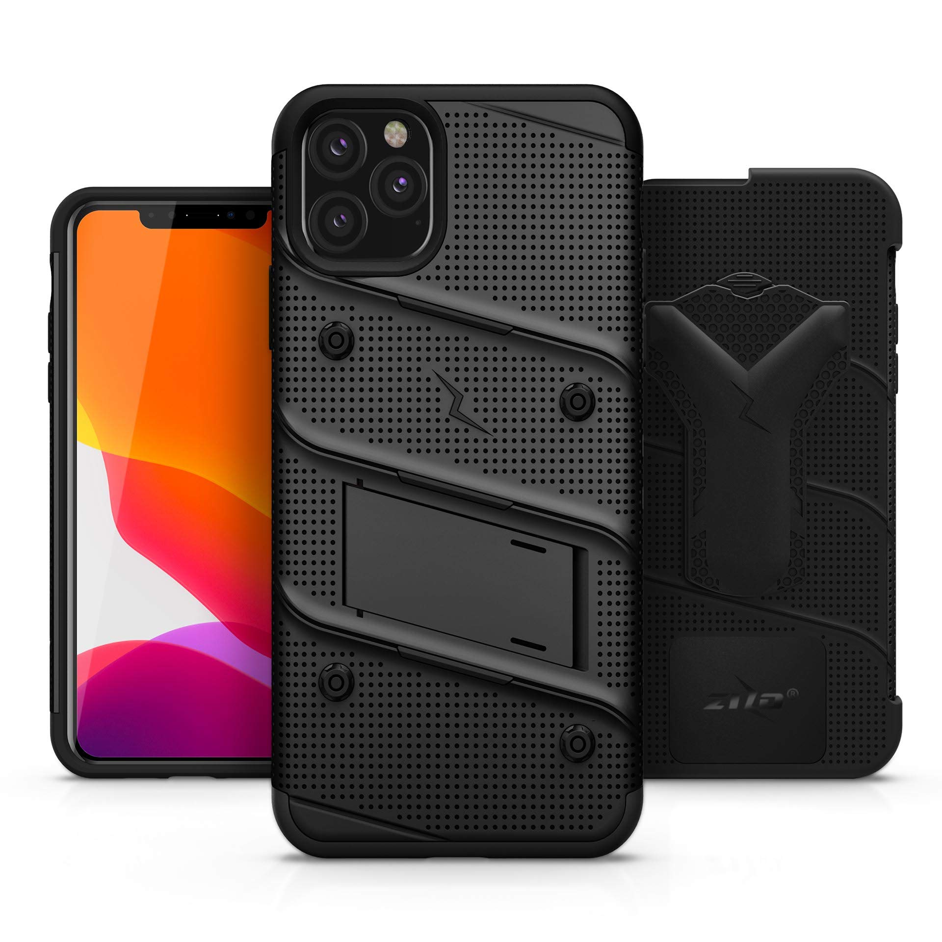 Zizo Bolt Cover - Case for iPhone 11 Pro Max with Military Grade + Glass Screen Protector & Kickstand and Holster (Black