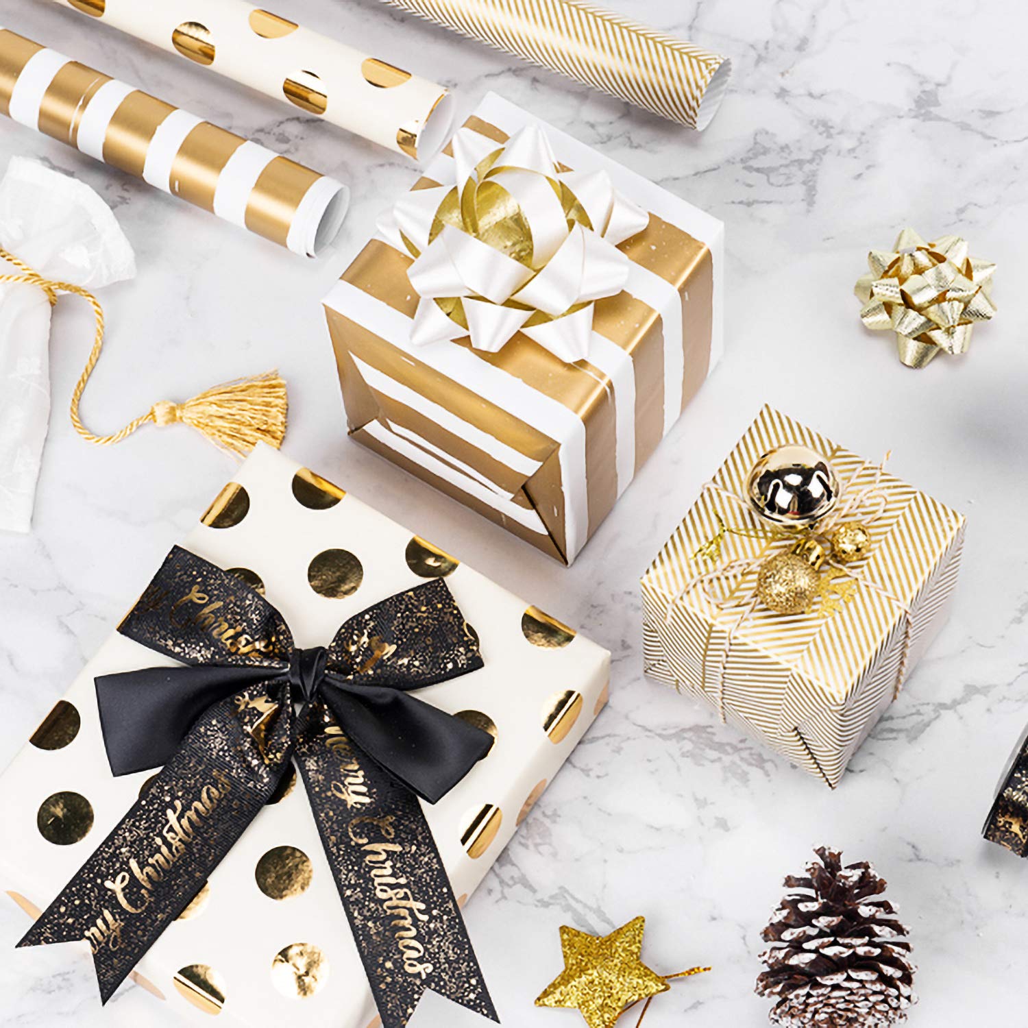 WRAPAHOLIC Wrapping Paper Roll - Gold Print for Birthday, Holiday, Wedding, Baby Shower Packing - 3 Rolls - 30 inch X 120 inch Per Roll