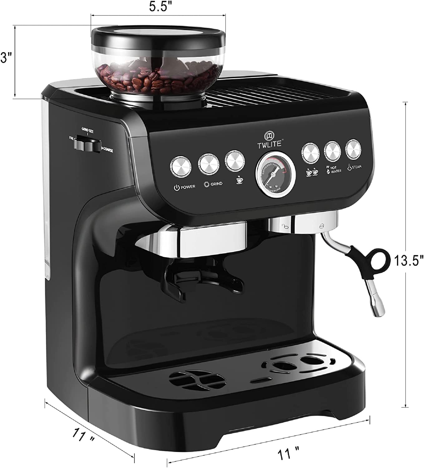 Trustmade Premium Espresso Machine Coffee Maker with Milk Frother, Coffee Grinder, Commercial Coffee Maker Automatic Stainless Steel, Removable Parts for Easy Cleaning,15 Bar