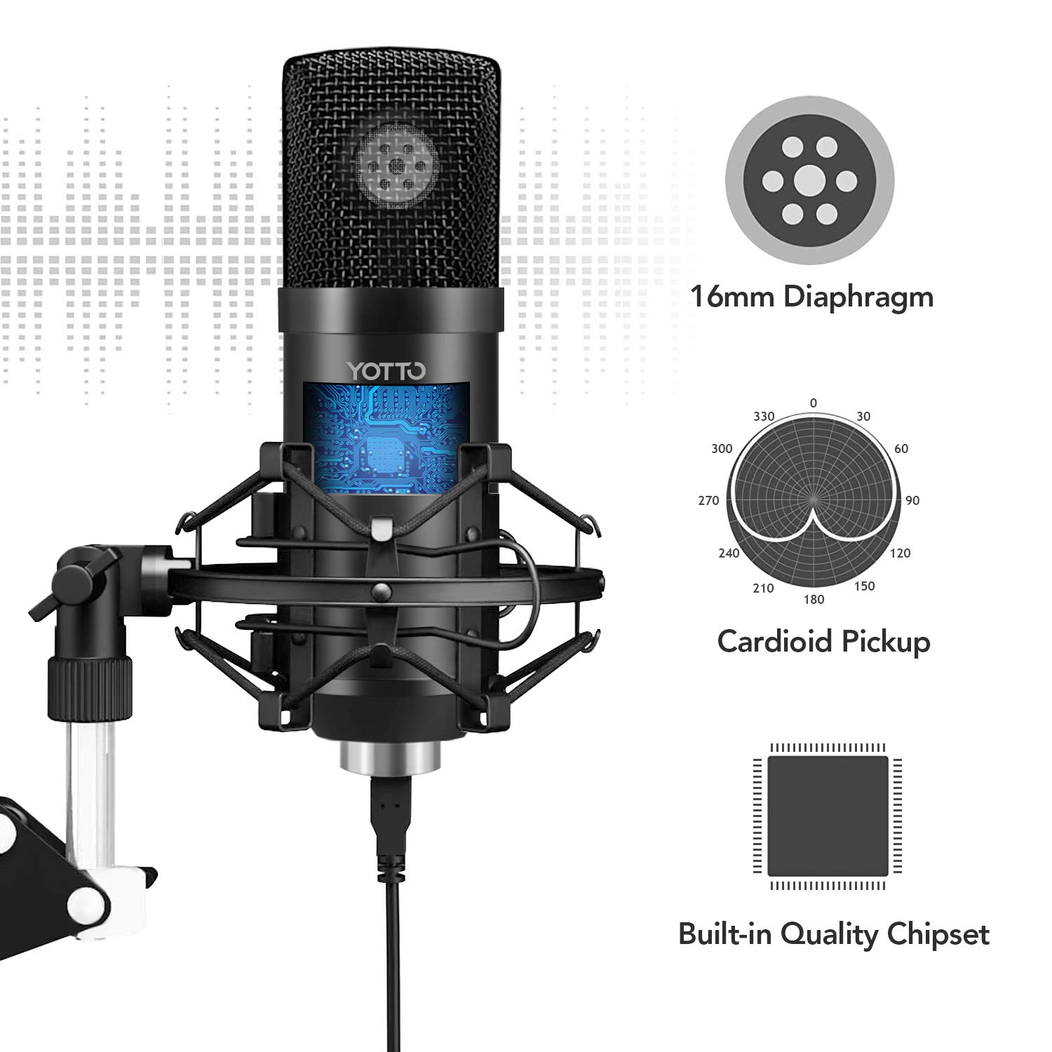 YOTTO USB Microphone Cardioid Condenser Mic 192KHz/24bit Plug and Play Professional Studio Podcast Microphone with Adjustable Microphone Stand Suspension Scissor Boom Arm, Pop Filter, Shock Mount