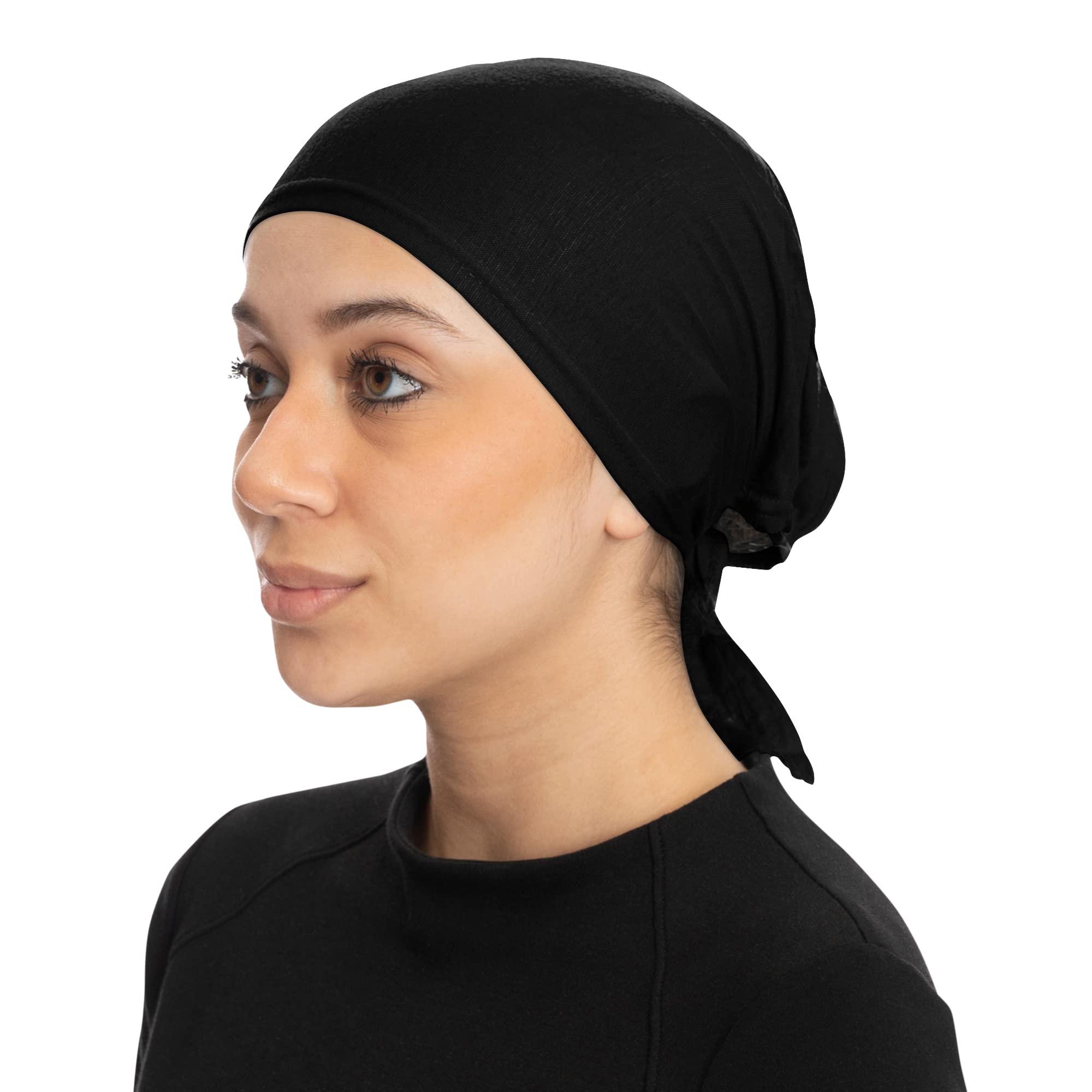 TheHijabStore.com Jersey Bonnet Caps Under Scarf Head Wraps for Women Turban Hat with Tie-Back Closure Black