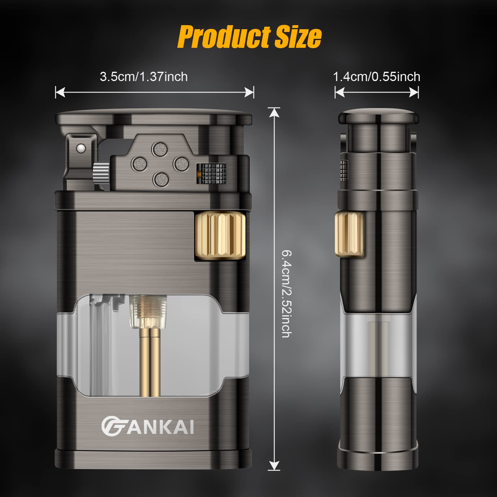 Torch Lighter with LED Light,FANKAI Butane Lighter Single Jet Flame-Butane Torch Lighter with 6PCS Replaceable Flints,Refillable Cool Lighters with ABS Fuel Tank,Retro Grinding Wheel Windproof Lighter