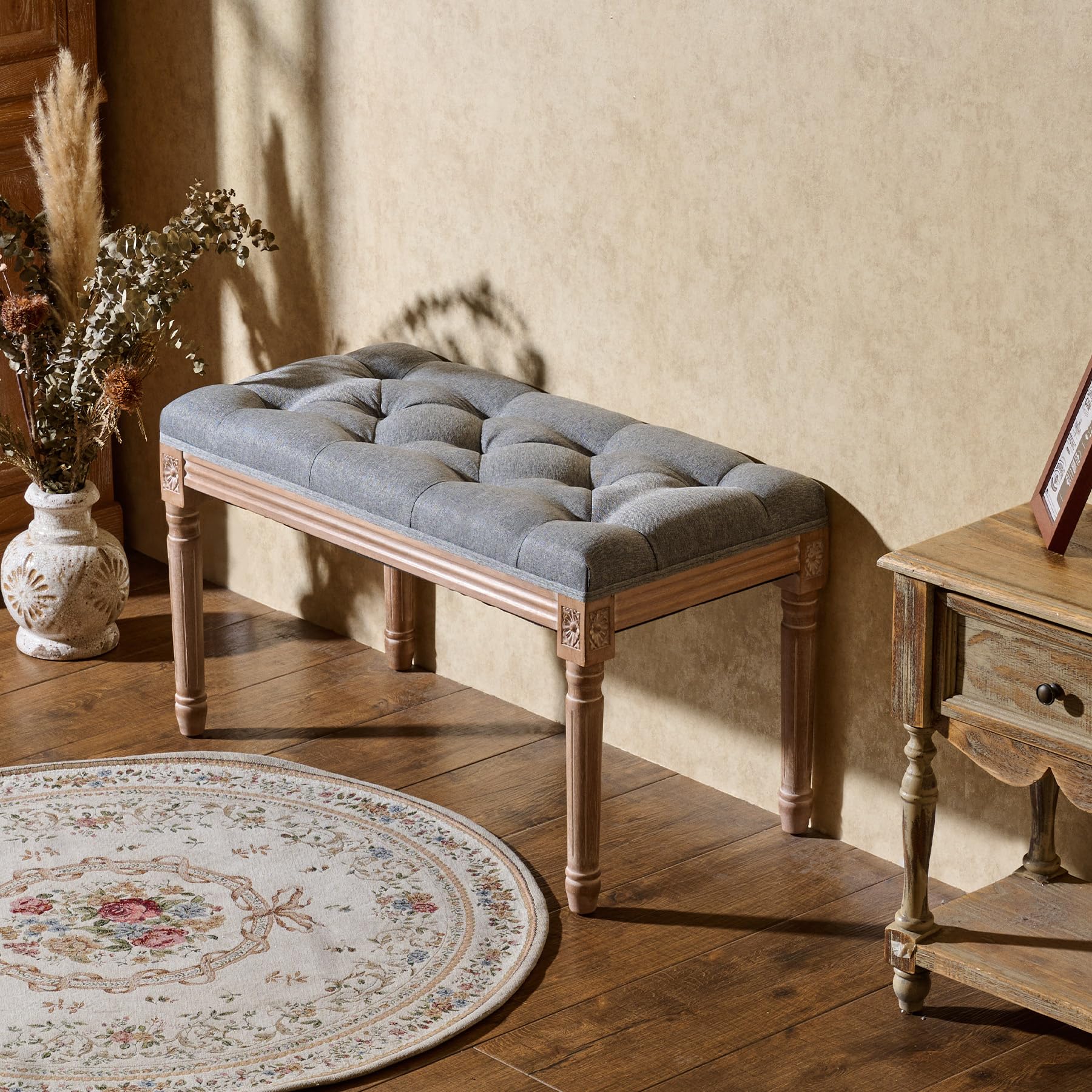 VONLUCE Vintage Bench, 31 in x 16 in, Beige Rubberwood, Button Tufted, with 2 Layer Padding, for Foyers, Entryways, Piano, Dining, Living Room