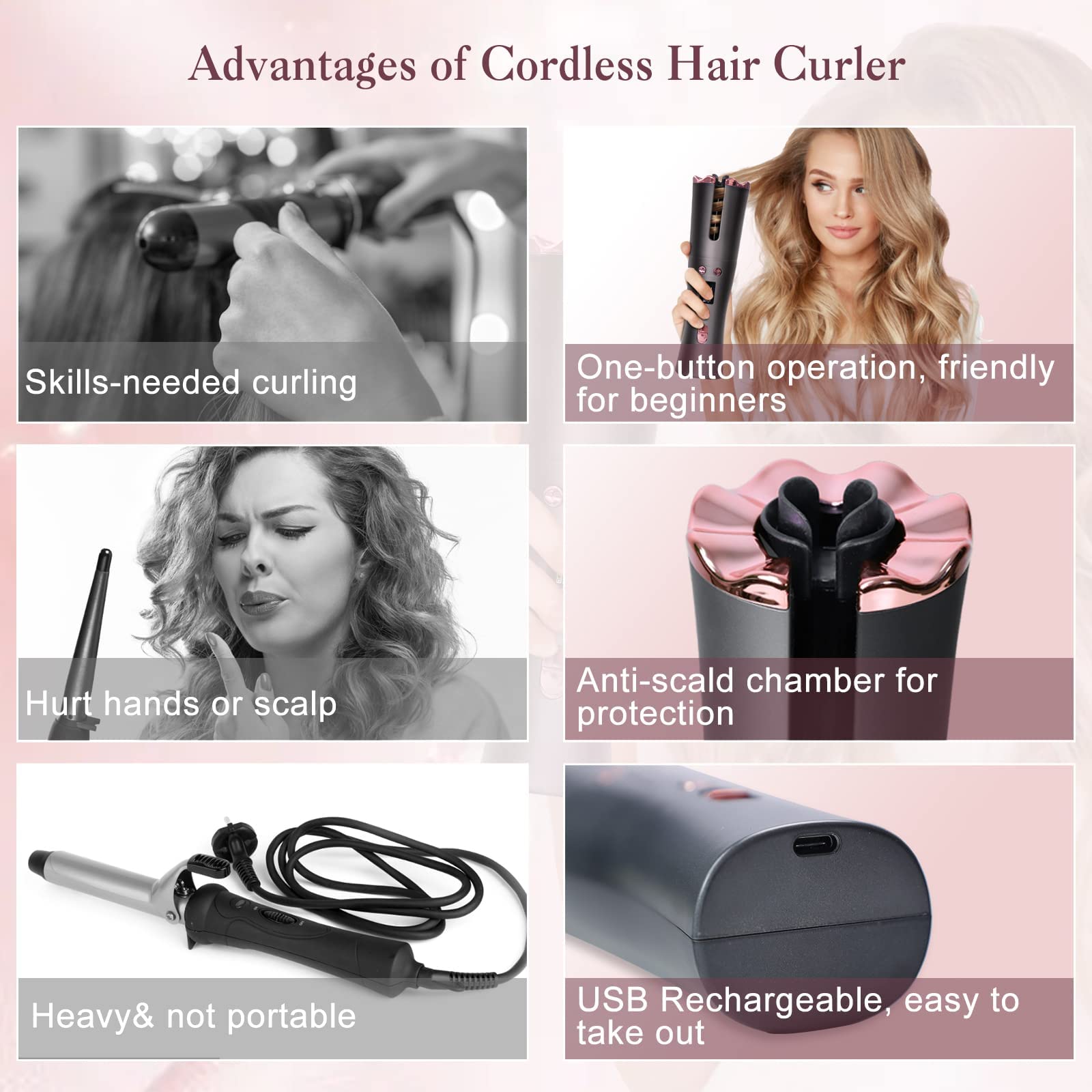 Yebicola Automatic Curling Iron, Cordless Curling Iron Automatic Hair Curler with 6 Temps & Timers, Auto Shut-Off Rechargeable, Ceramic Portable Curling Iron for Fine Medium Hair Mother's Day
