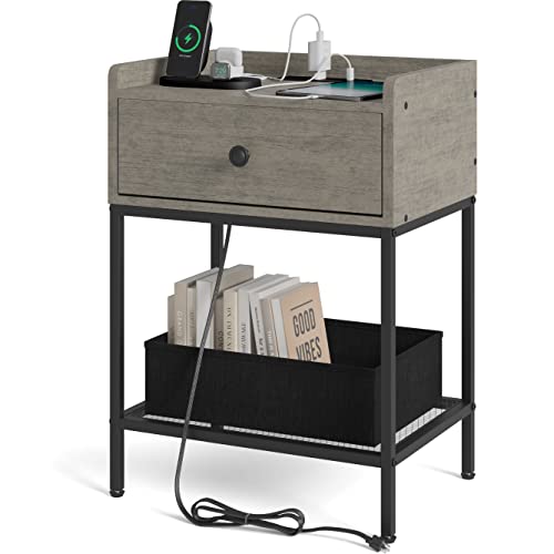 Y&M Nightstand with Charging Station and USB Ports, Side End Table with Drawer, Modern Bedside Tables Night Stand Storage Shelf for Small Spaces, Bedroom, Living Room - Gray and Black