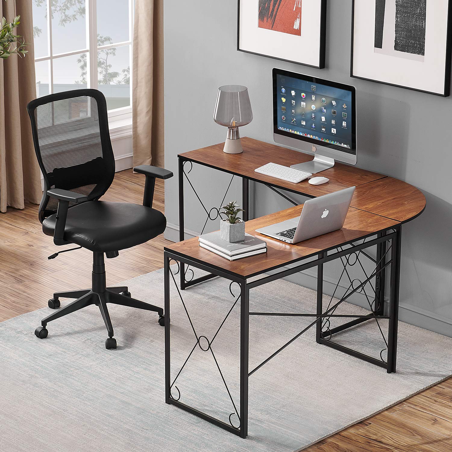 VECELO L Shaped Computer Corner Desk, 59ββx59ββ Large Industrial Home Office Workstation, Multi-Usage Long 2 Person Table, Easy Assembly/Saving Space, Steel Frame&Wooden Grain, Brown
