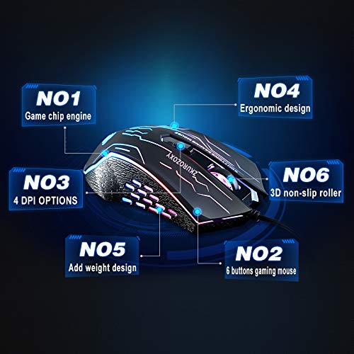 ZKUROZOXY M18 Wired Computer Laptop Mouse for Gaming, USB Mice for Gamer Game with 7 Colors Light, Side Button,4 DPI Up to 3200 with 6 Buttons for Windows Mac Linux Vista MacBook (M18)