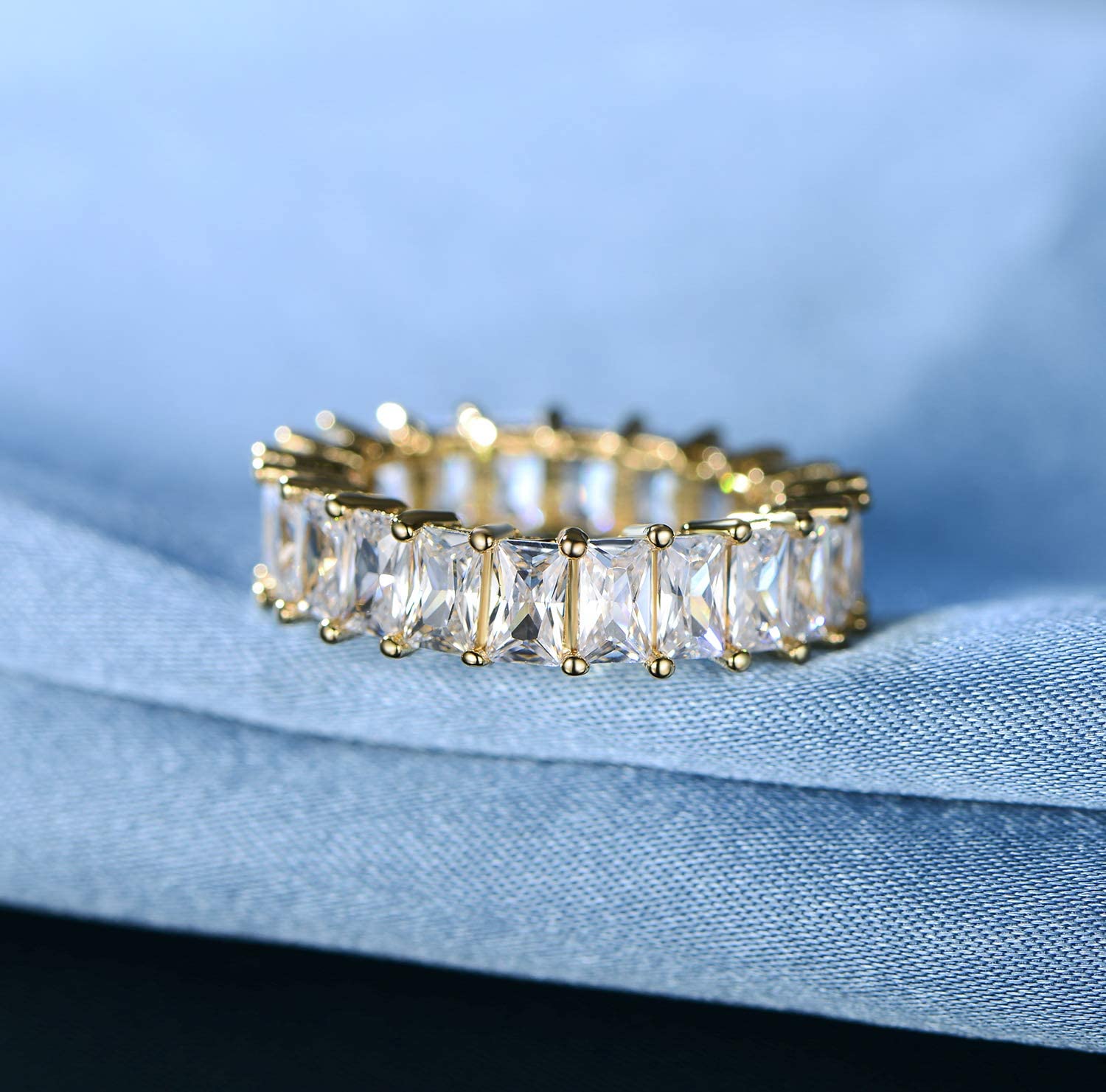 XBRN 14K Gold Plated Ring Cubic Zirconia Emerald Cut Statement Eternity Ring Band for Women men (7)