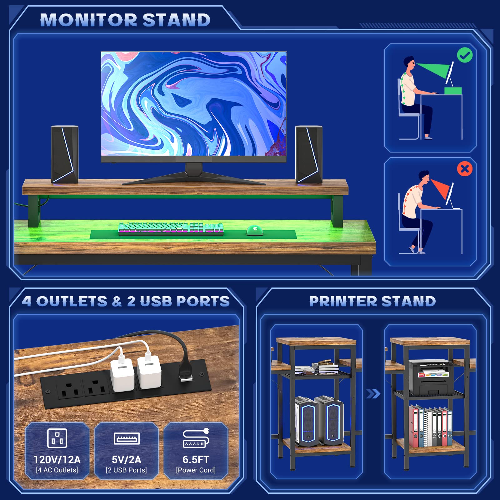 Unikito Double Computer Desk with LED Strip and Power Outlet, 2 Person Desk with Monitor Stand and Storage, Ergonomic Computer Desk with Printer Stand for Home Office, Long Gaming desk, Rustic Brown