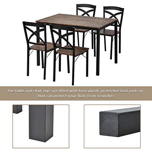 Voohek 5-Piece Kitchen Table and Chairs Set, with Wood Grain Veneer Rectangular Tabletop, Metal Frame, Plastic Foot Pads, for 4 People, Small Spaces, Dinette, Dining Room, Industrial Style, Brown
