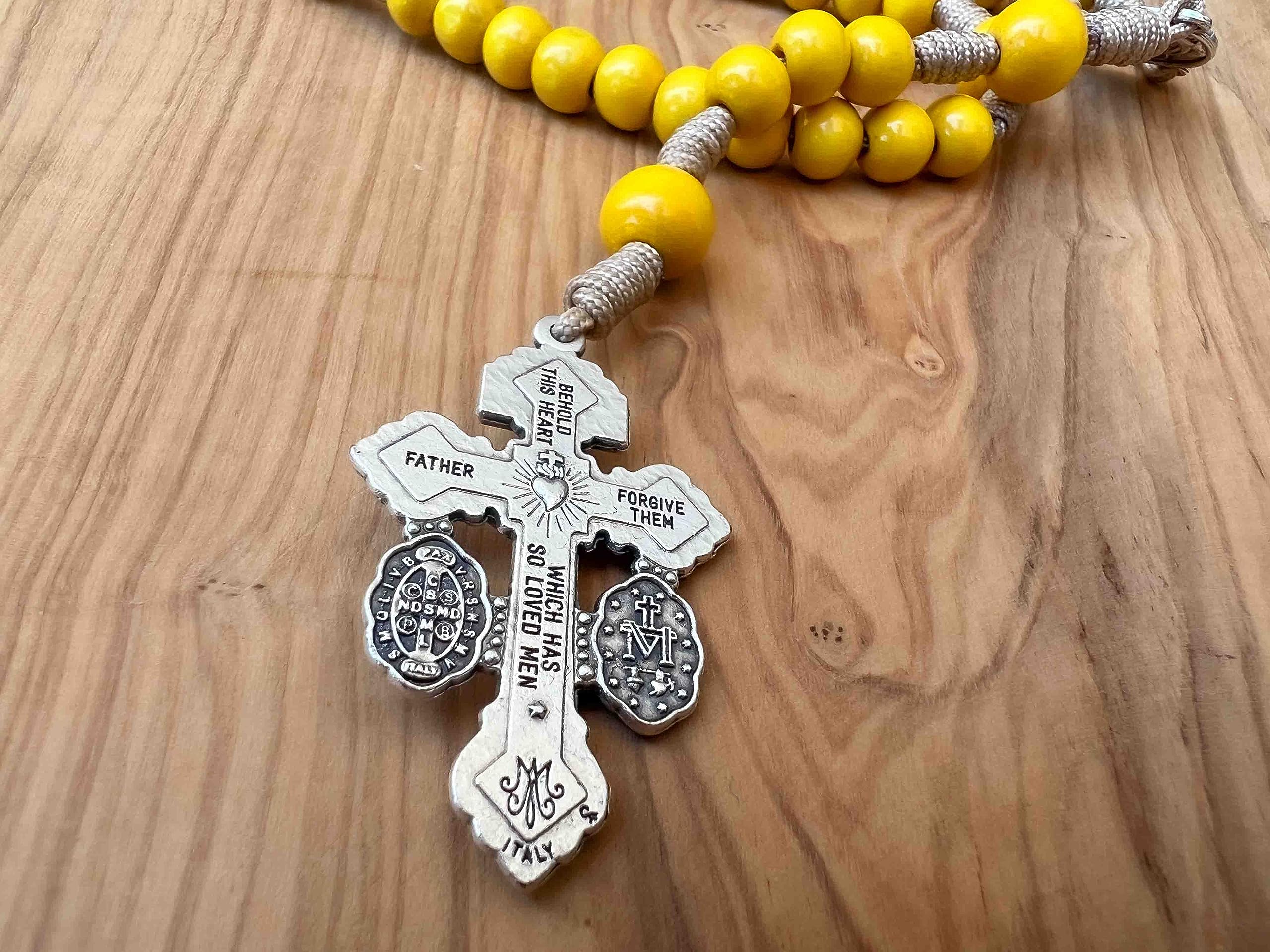Yellow Wooden Prayer Beads Rosary With Pardon Crucifix Pendant Immaculate Heart Of Mary