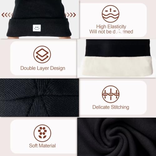 Winter Beanie Hats for Women Men 3Pack,Fleece Lined Womens Winter Hats with Smiley Face,Warm Cute Beanie for Cold Weather(Camel+Black+Black/White)