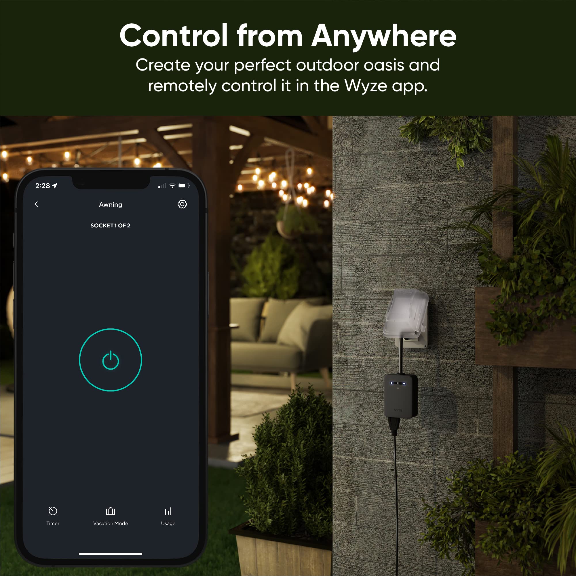 WYZE WSPRK1 Smart Controller, Smart Sprinkler Timer, Black & Plug Outdoor, Dual Outlets Energy Monitoring, IP64, 2.4GHz WiFi Smart Plug, Black
