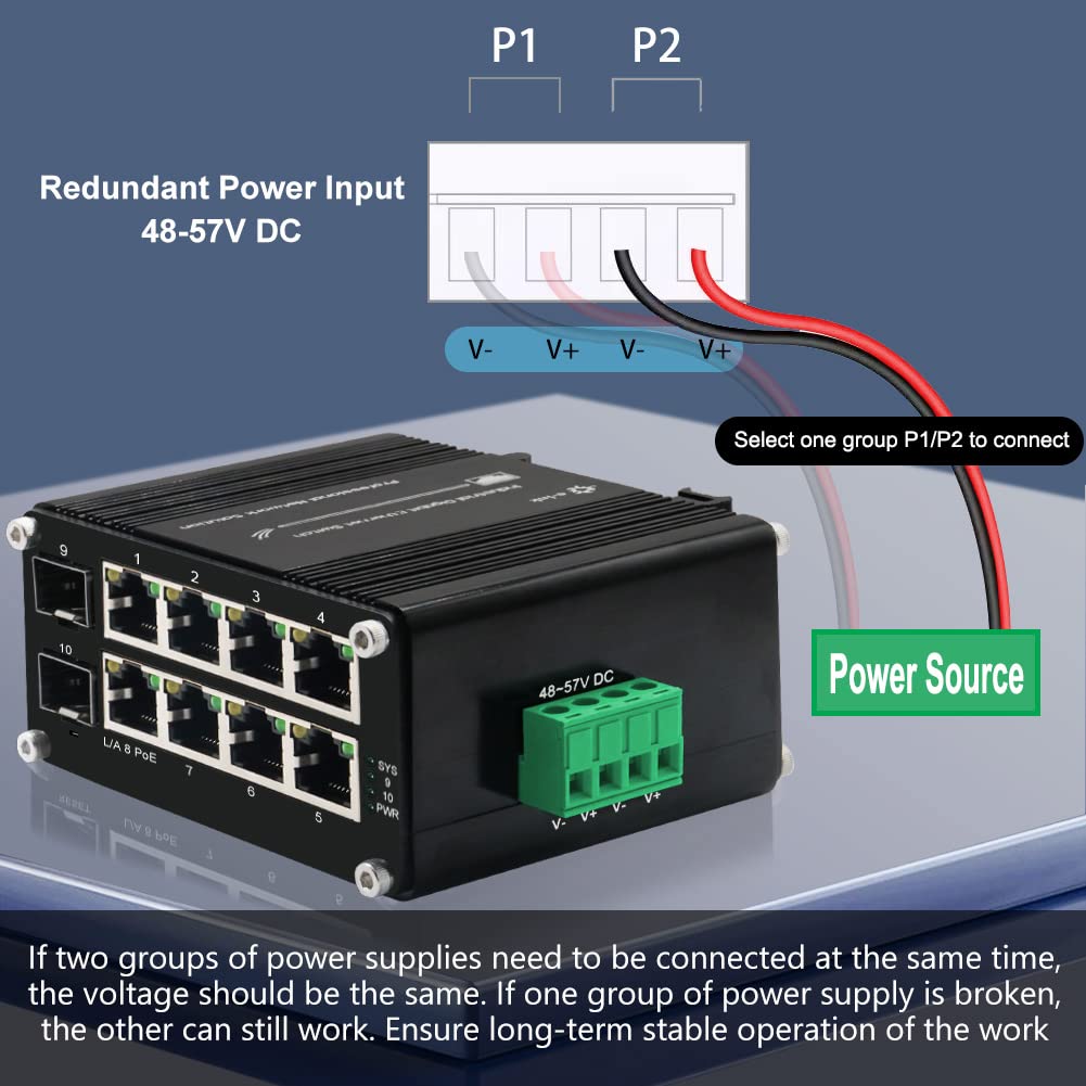Throncom Industrial Gigabit PoE Fiber Switch 8 Ports PoE+ Ethernet Switch with 100/1000M Adaptive 2 SFP Slots Din Rail Unmanaged 10/100/1000Mbps Small Network Switch IEEE802.3af/at 30W/240W 48-57V DC