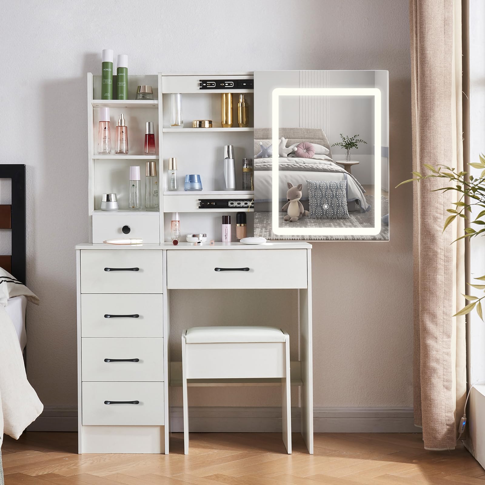 YAMISSI Makeup Vanity with Lights and 6 Drawers, Modern White Vanity Desk with Sliding Mirror and 6 Display Shelves for Girls, Dressing Table Touch Screen for Bedroom