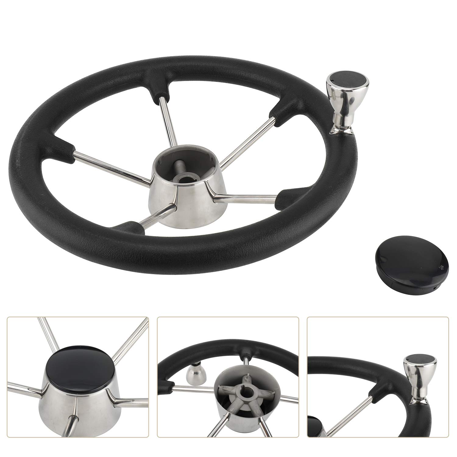 Yaegarden 11 Inch 5 Spokes Boat Steering Wheel, Stainless Marine Wheel with Black Foam Grip & Turning Knob