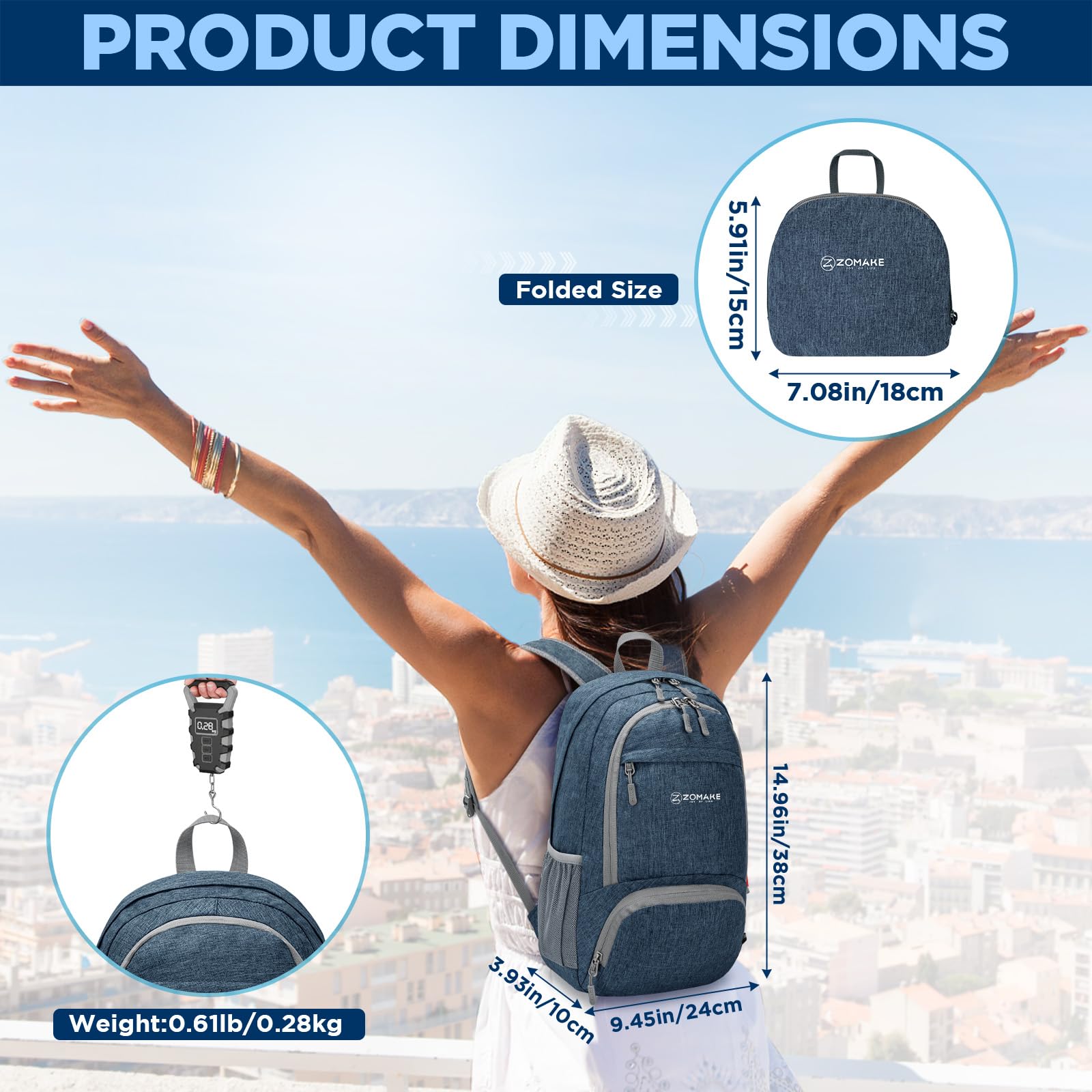 ZOMAKE 20L Lightweight Packable Hiking Backpack for Women Men - Small Hiking Daypack for Travel - Tear Resistant Foldable Day Pack for Camping Outdoor Sports(Navy Blue)