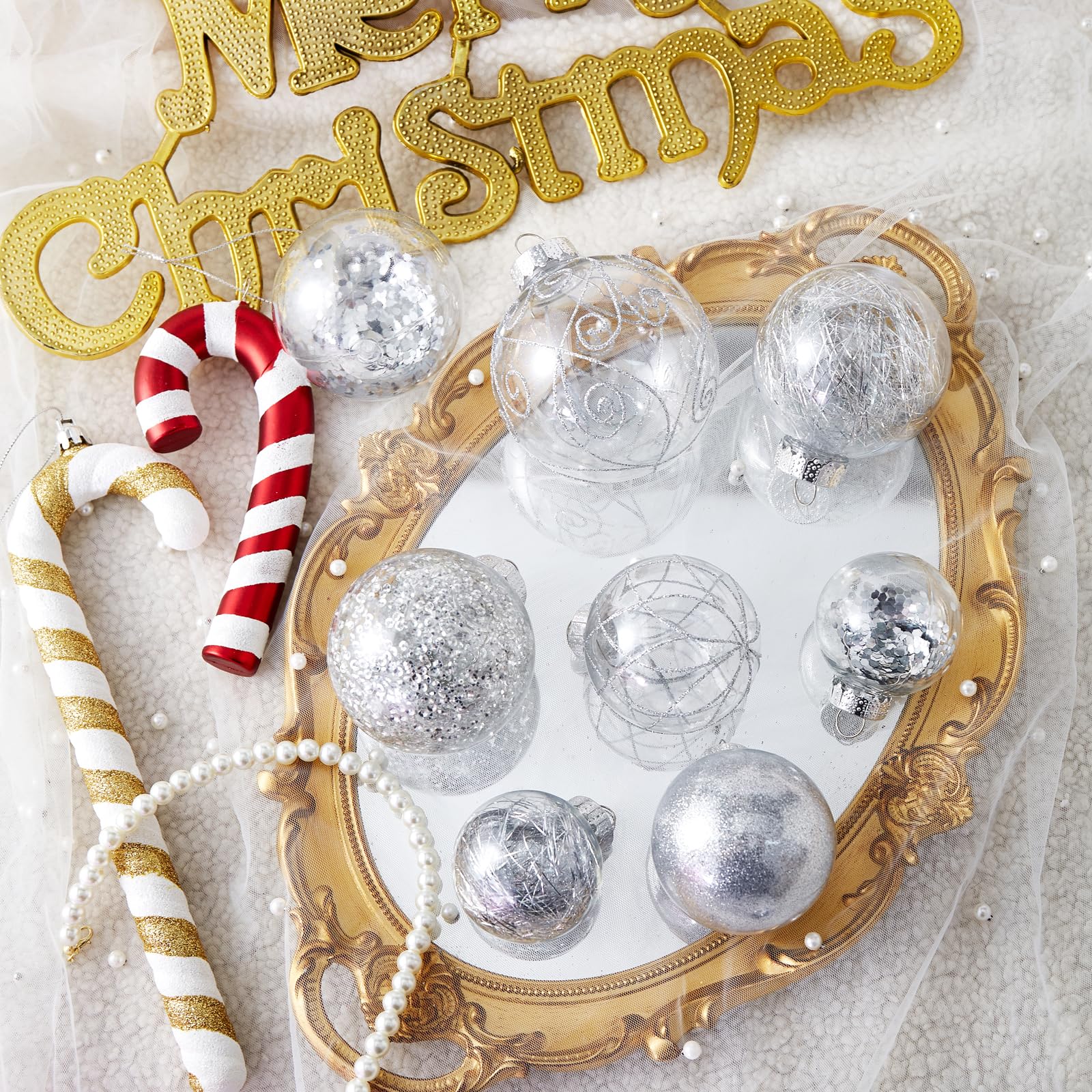 Wironlst Christmas Ball Ornaments Shatterproof Clear Large Plastic Hanging Ball Decorative Baubles Set with Stuffed Delicate Decorations (Multi-Size, Silver)