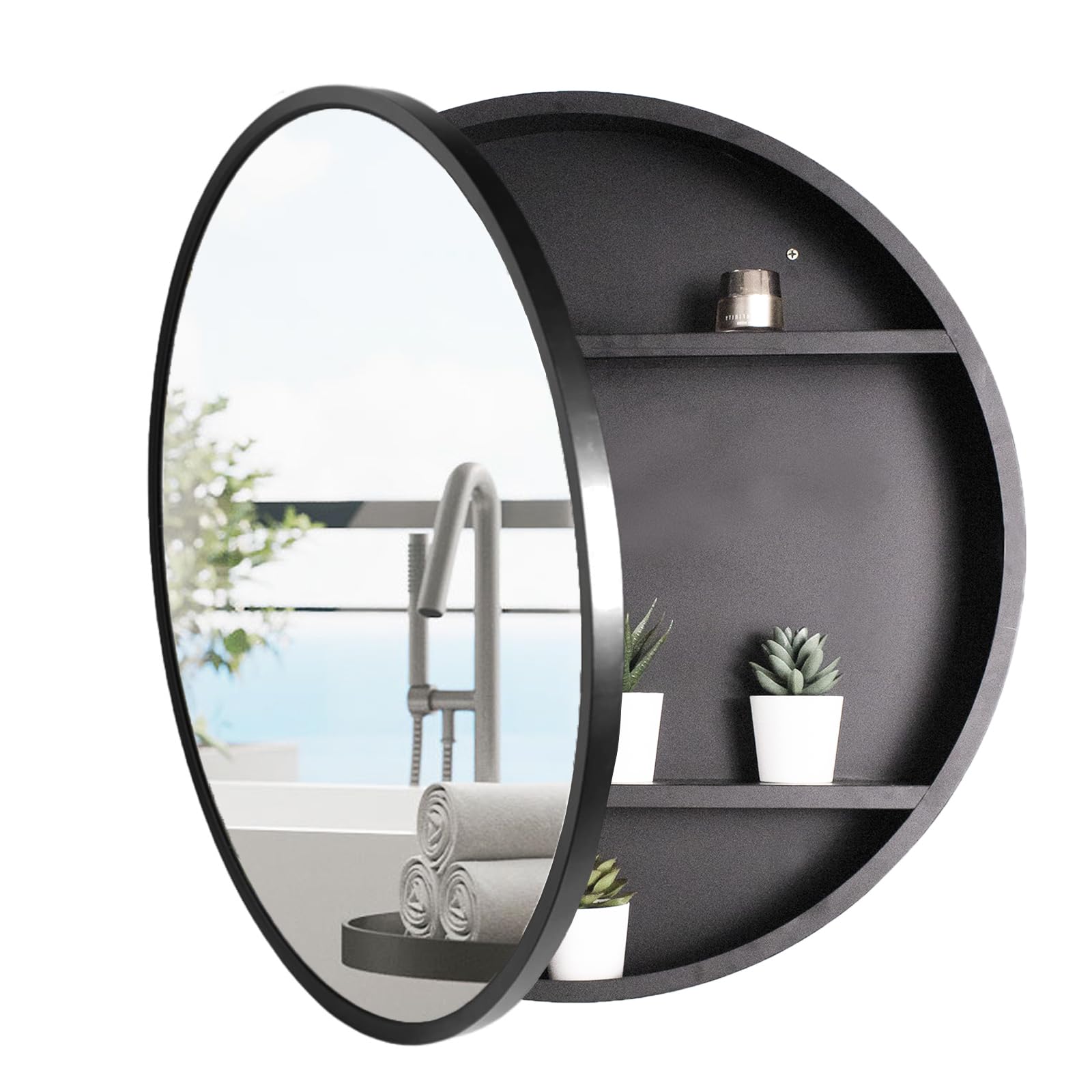 WITMYA 24x24 inch Black Bathroom Round Medicine Cabinet with Mirror, Metal Framed Wall Mounted Bathroom Mirror with Storage, 3-Level Storage Shelf