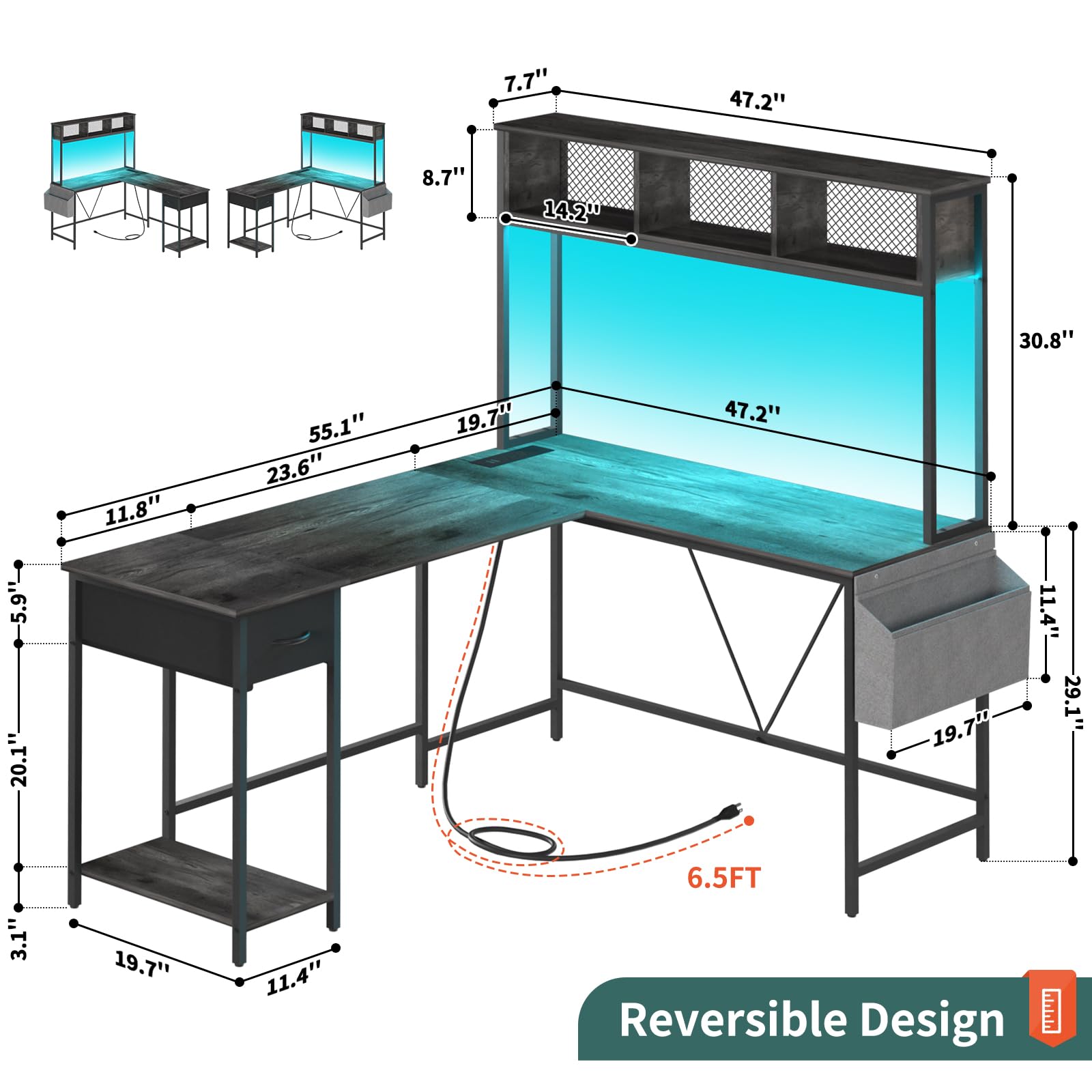 Yoobure L Shaped Desk Gaming Desk with LED Strip & Power Outlet, Reversible L-Shaped Computer Desk with Storage Shelf & Drawer, Corner Desk with Storage Bag, 2 Person Home Office Desk, Gray