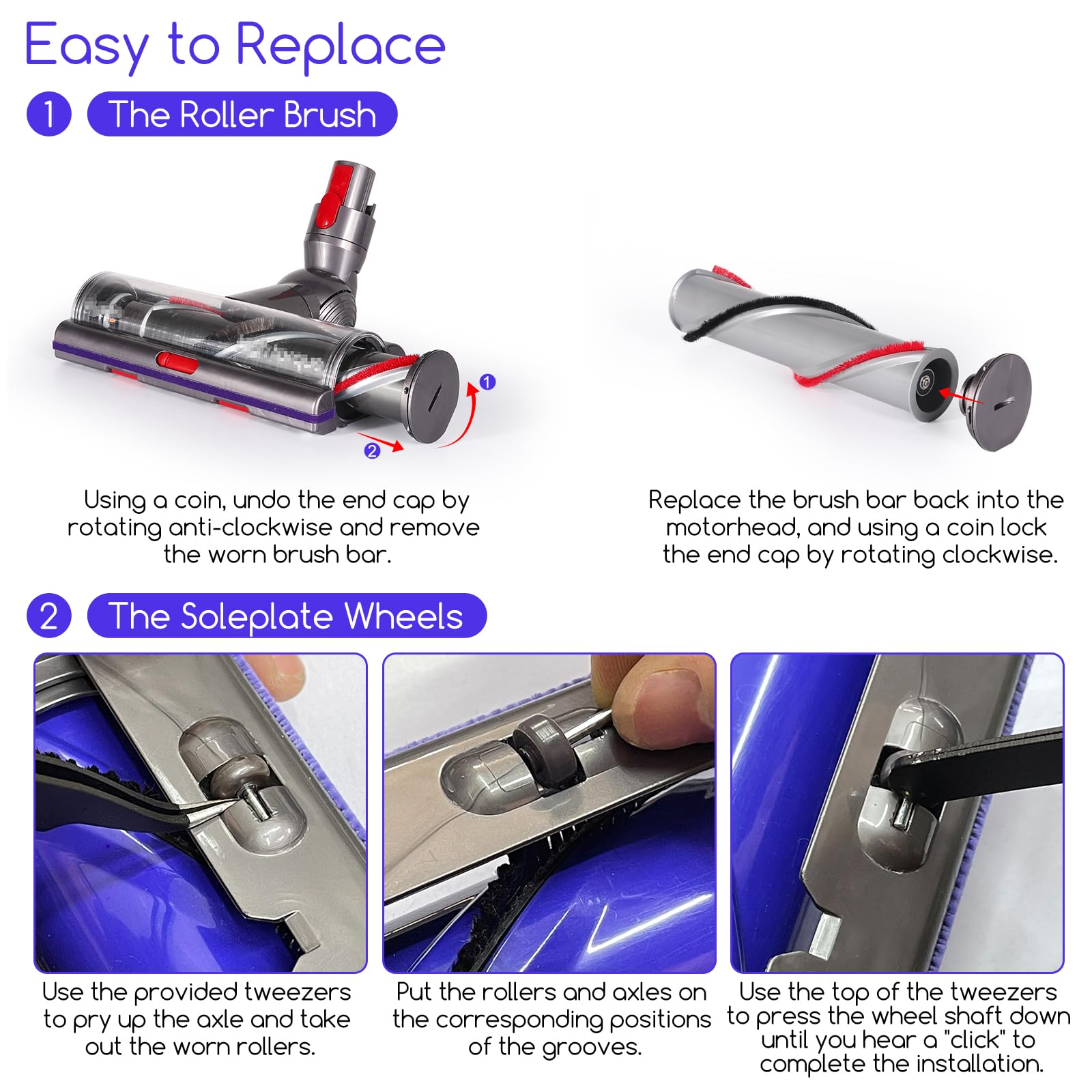 WYWY.Wide Roller Brush Bar Compatible with Dyson V10 V11 V15 Vacuum Motor Head Replacement Parts, for 100W High Torque Cleaner Head 97010005 969331-01