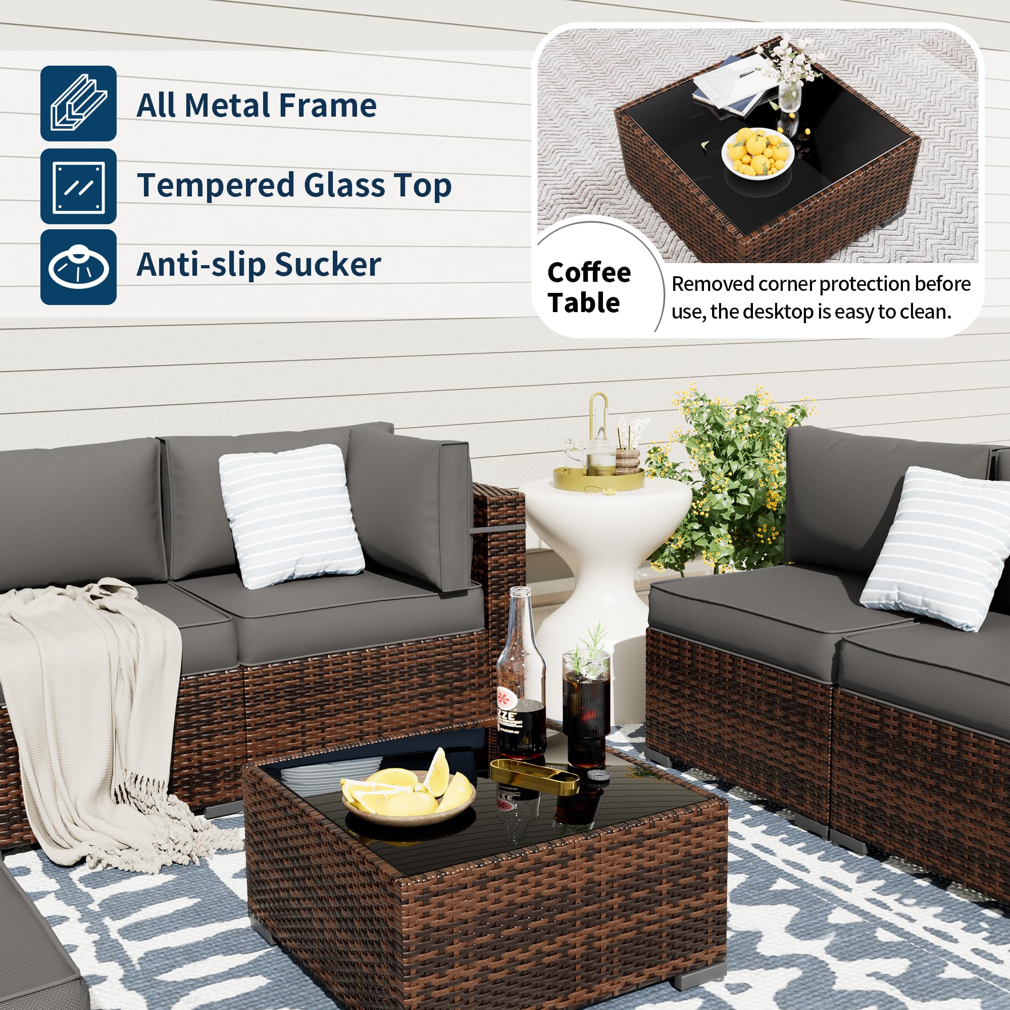 UDPATIO Patio Furniture Sets, Modular Rattan Outdoor Patio Sectional Furniture Sofa Set, Wicker Patio Conversation Set for Backyard, Deck, Poolside w Glass Coffee Table, 7PC Grey (Include Sofa Cover)