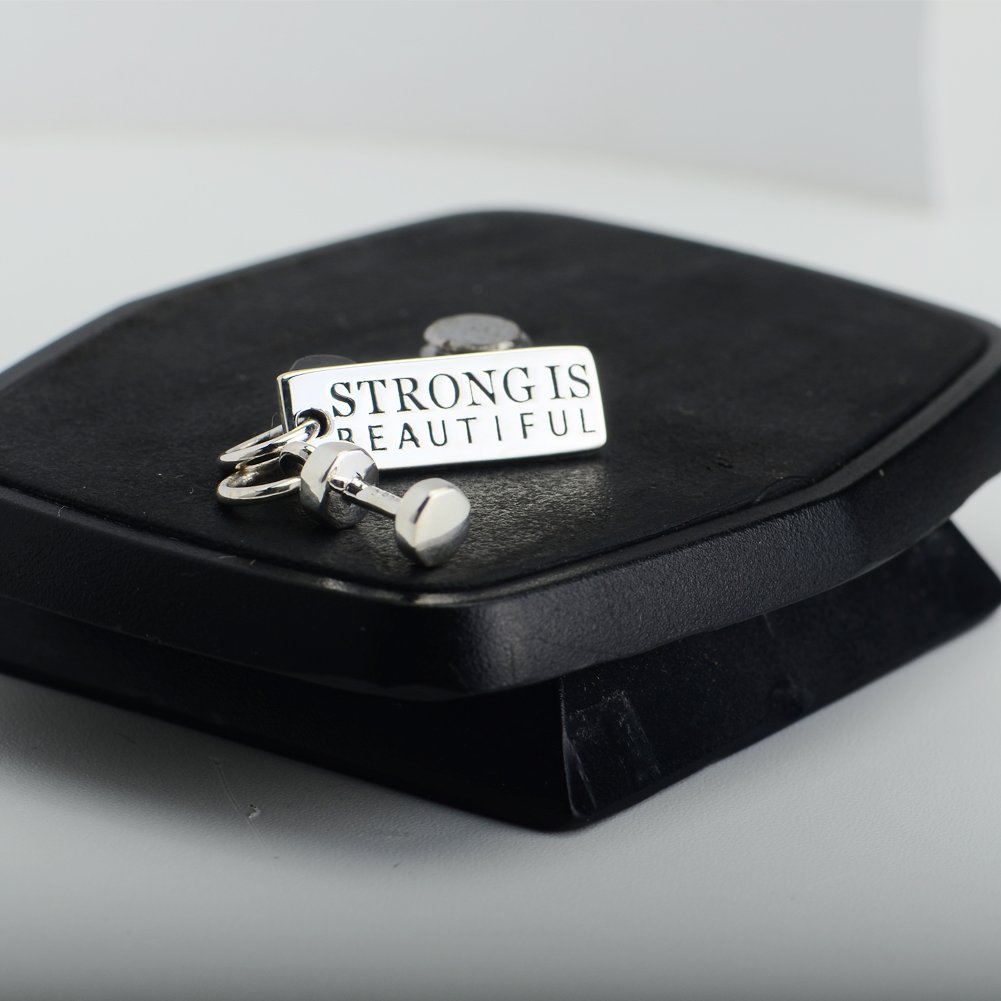 YFN Sterling Silver"Strong Is Beautiful" Engraved Dumbbell Barbell Gym Buff Pendant Necklace 18" (Strong is Beautiful Necklace)