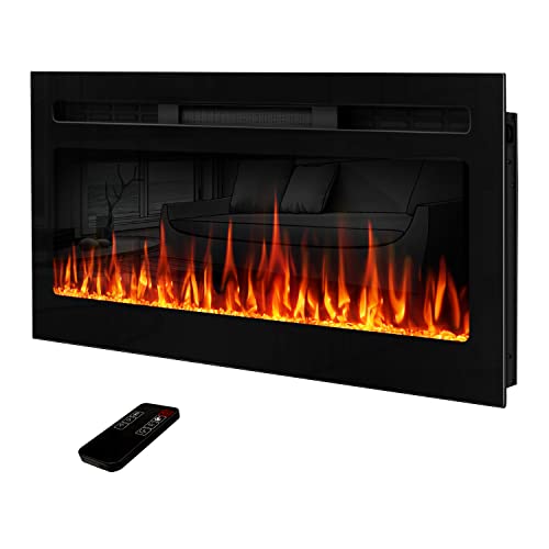 Upesitom 31" Electric Fireplace Recessed and Wall Mounted Fireplace Heater Inserts, Mirrored Led Fireplace Heater with Remote Control, Timer, Adjustable 12 Flame Color, 750/1500W, Black