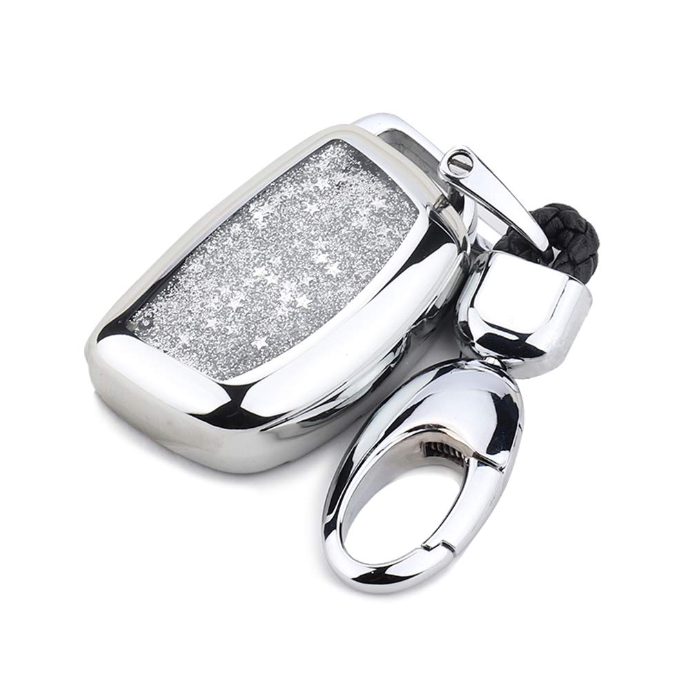 YIJINSHENG TPU Car Key Soft Plating Protection Shell Case Cover for Hyundai Tucson Elantra Sonata Santa IX30 IX35 3/4 Buttons Smart Key Keyless Remote FOB Shell Key Chains (Silver)