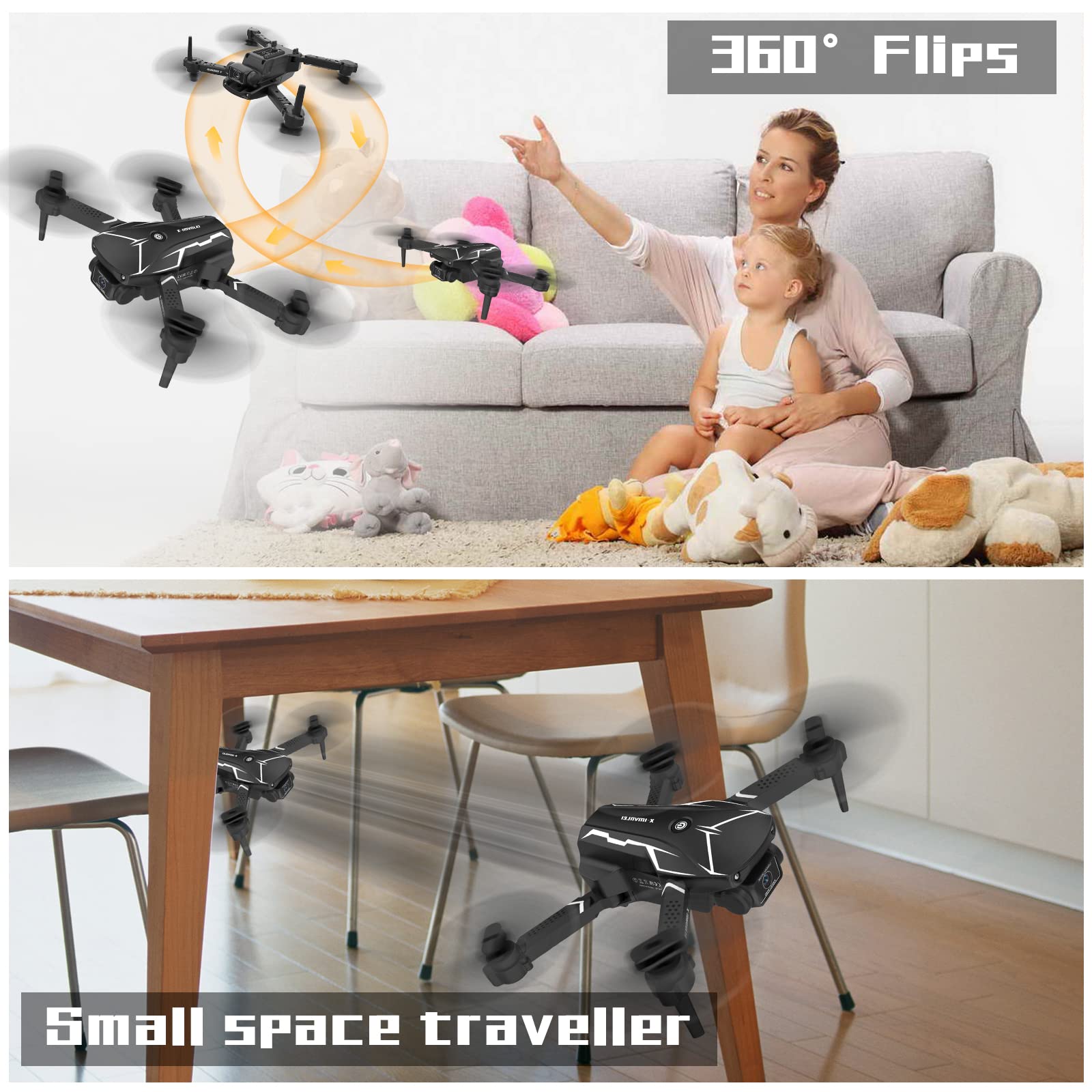 X-IMVNLEI19 Drones with Camera for Adults 720P, Foldable FPV Drones for Beginners with Live Video, Altitude Hold with Optical Flow Positioning, 3D Flips, 2 Cameras, One Key Start, 2 Batteries