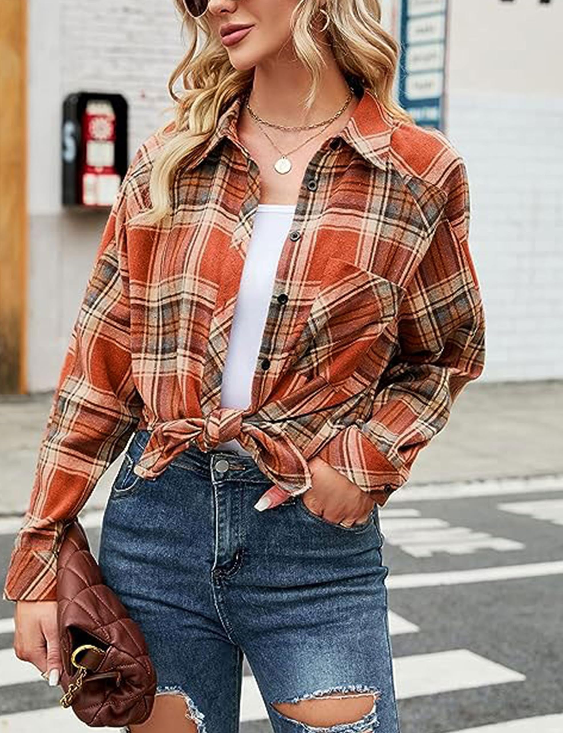 Zontroldy Womens Lightweight Flannel Shirt Plaid Buffalo Long Sleeve Button Down Oversized Flannels Shirts Blouse Tops (0199-Orange-M)