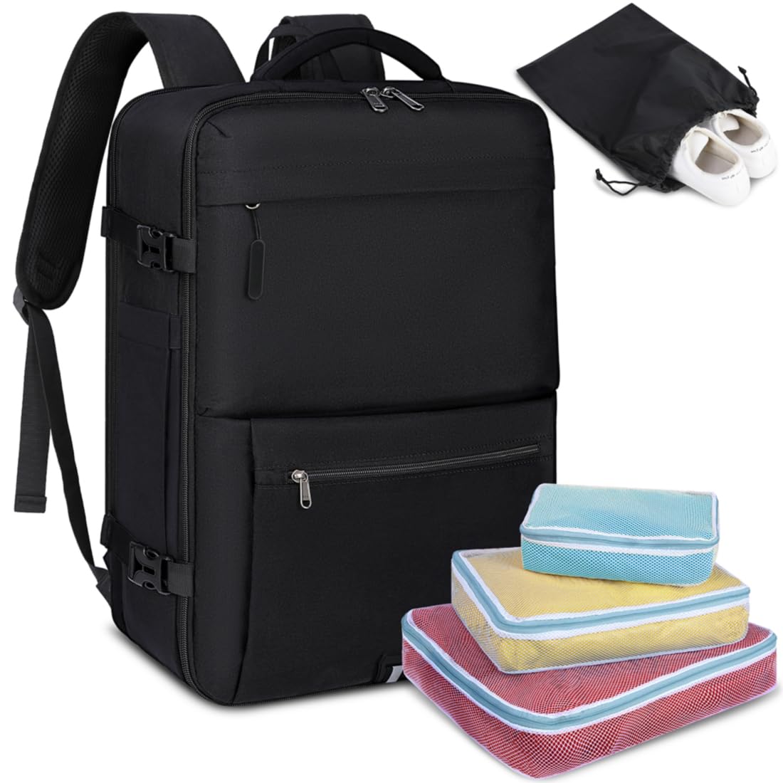 Travel Backpack for Men Women 17 Inch Flight Approved Carry on Backpack Waterproof 40L Laptop Backpack Luggage Daypack Business School Computer Weekender Overnight Backpack with Packing Cubes, Black