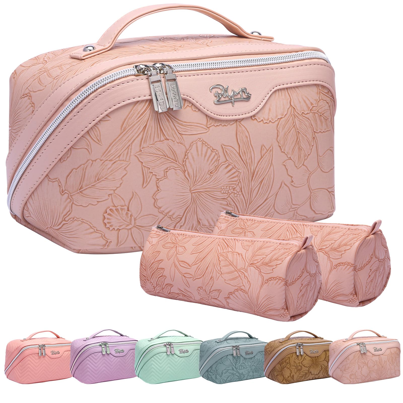 Travel Makeup Bags Cosmetic Organizer Bag: 3-Set Large Capacity Make up Bag - PU Leather Toiletry Bag for Women - Wide Open Portable Pouch with Divider & Handle
