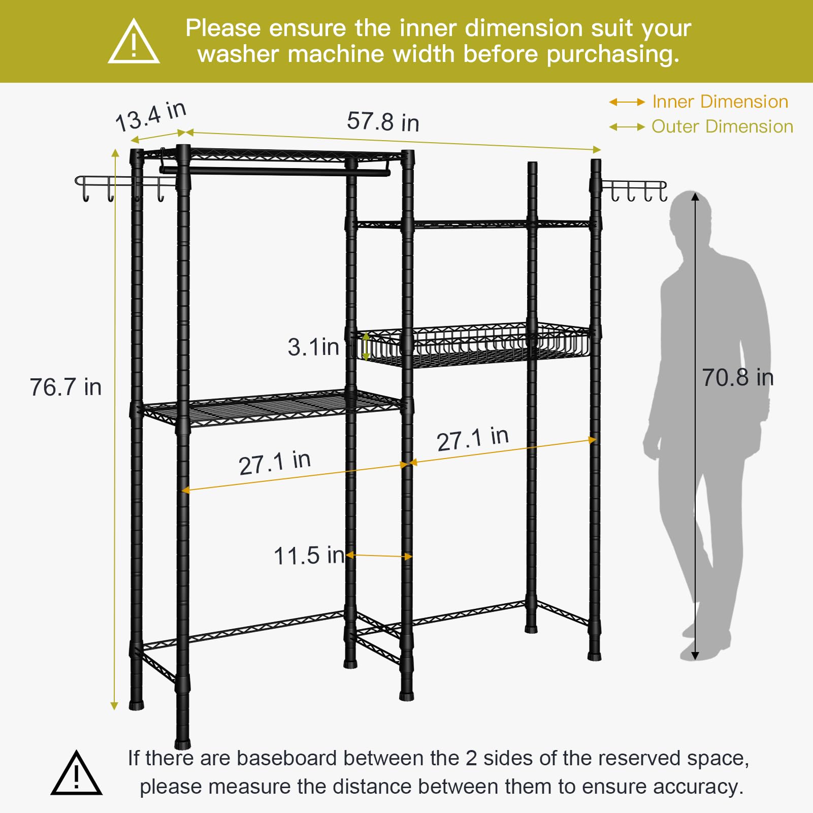 Ulif over Washer and Dryer Shelves, Laundry Room Storage Rack, Laundry Space Saver with Wire Basket and 2 Hooks, 57.8" L x 13.4" D x 76.7" H, Black