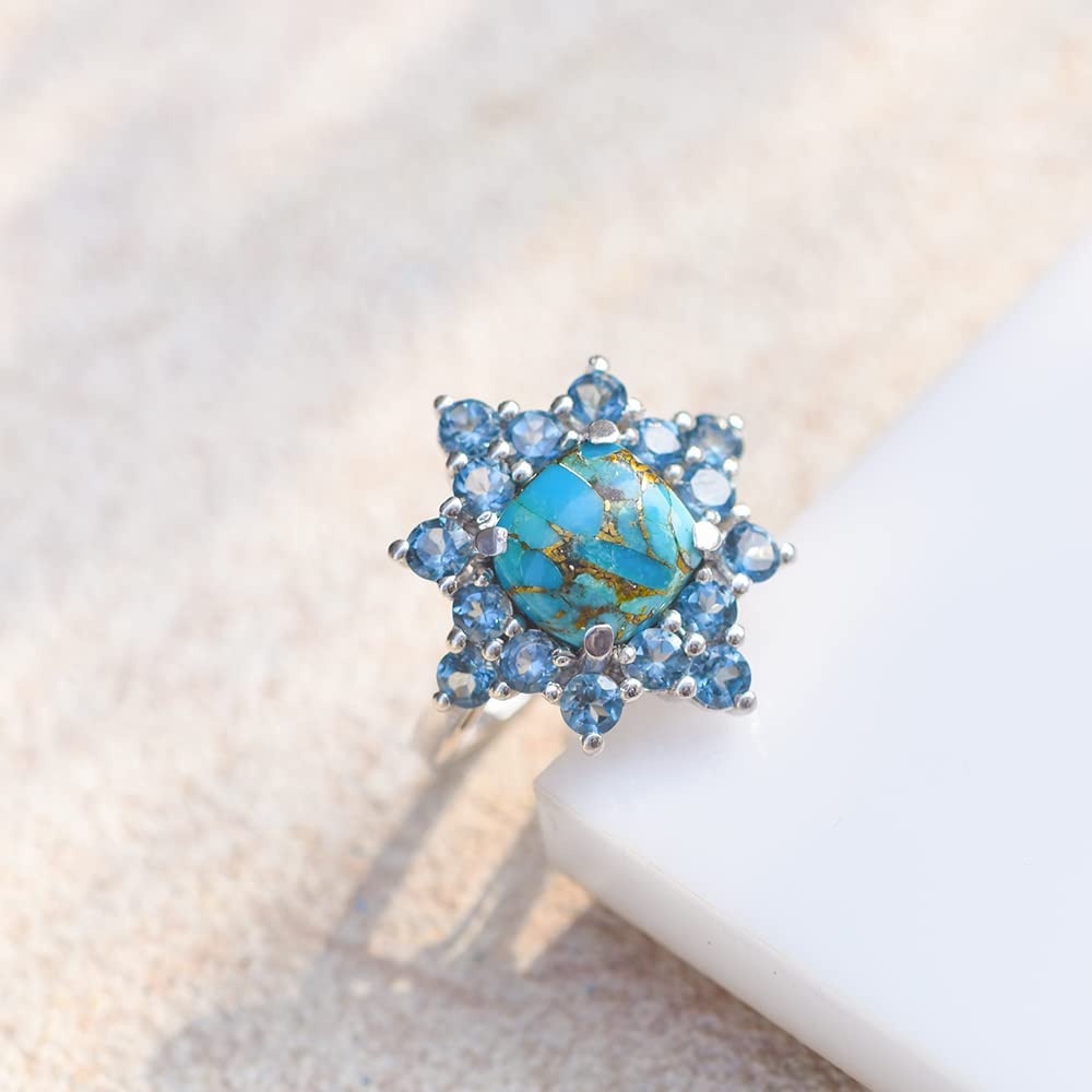 YoTreasure 5.40 ct. t.w. Blue Copper Turquoise 925 Sterling Silver Flower Cluster Ring Jewelry