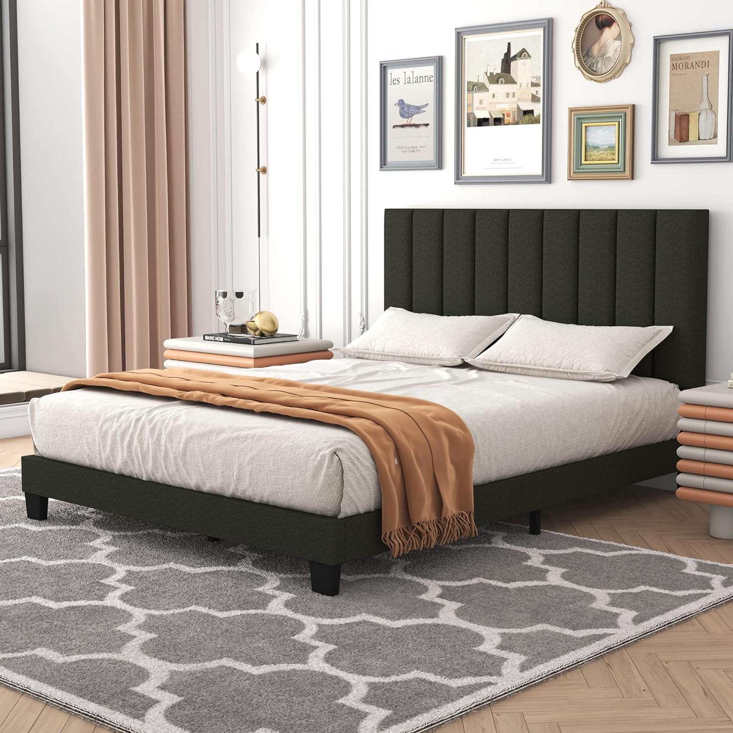 wOod-it Queen Size Upholstered Platform Bed Frame with Adjustable Height Headboard/12 Solid Wooden Slats/Non-Slip and Noise-Free/No Box Spring Needed/Easy Assembly (Dark Grey)