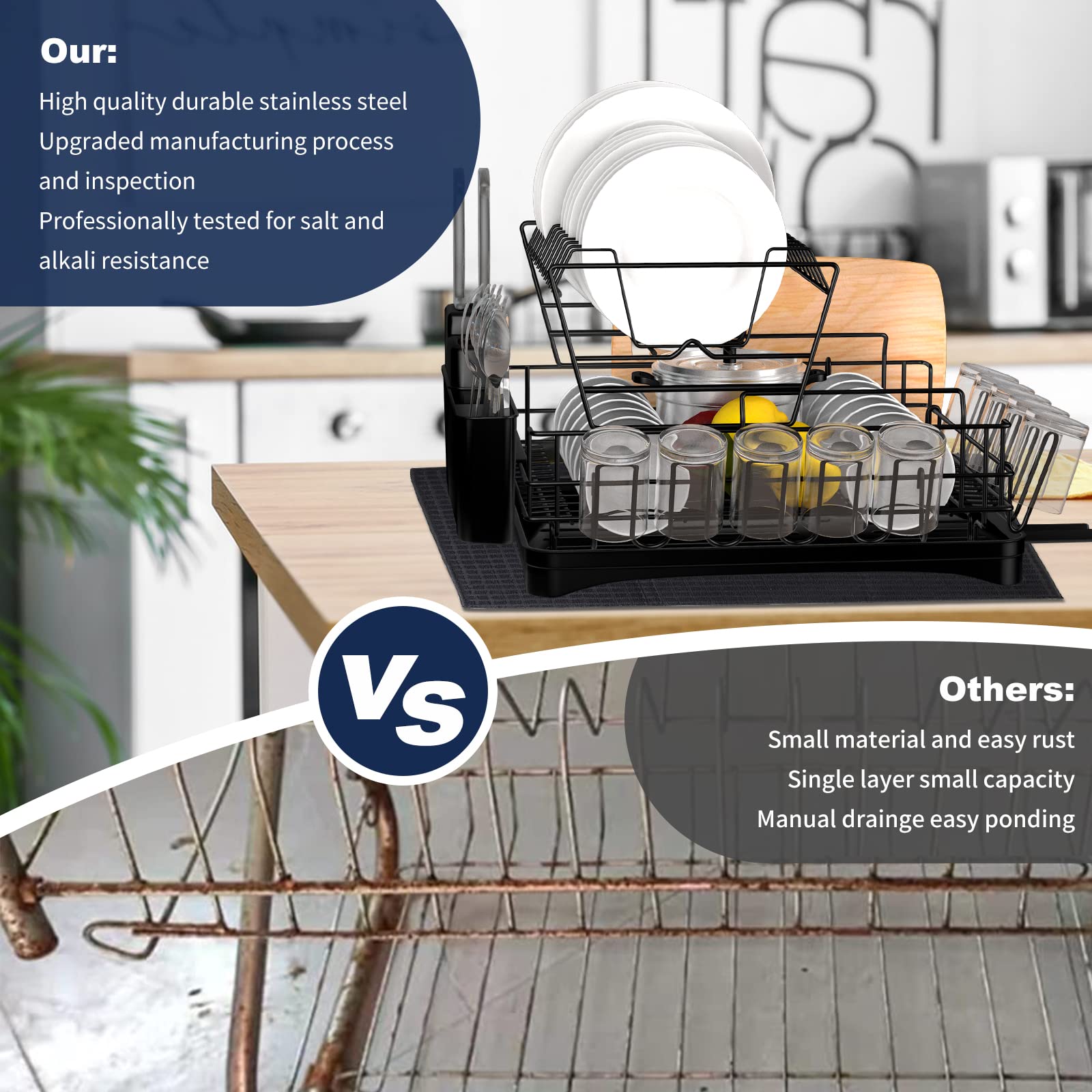 Yilingchild Dish Drying Rack, 2-Tier Dish Rack for Kitchen Counter,Large Dish Strainers with Drainboard , Dish Drainers with 2 Cup Holder, Extra Drying Mat,Black Utensil Holder