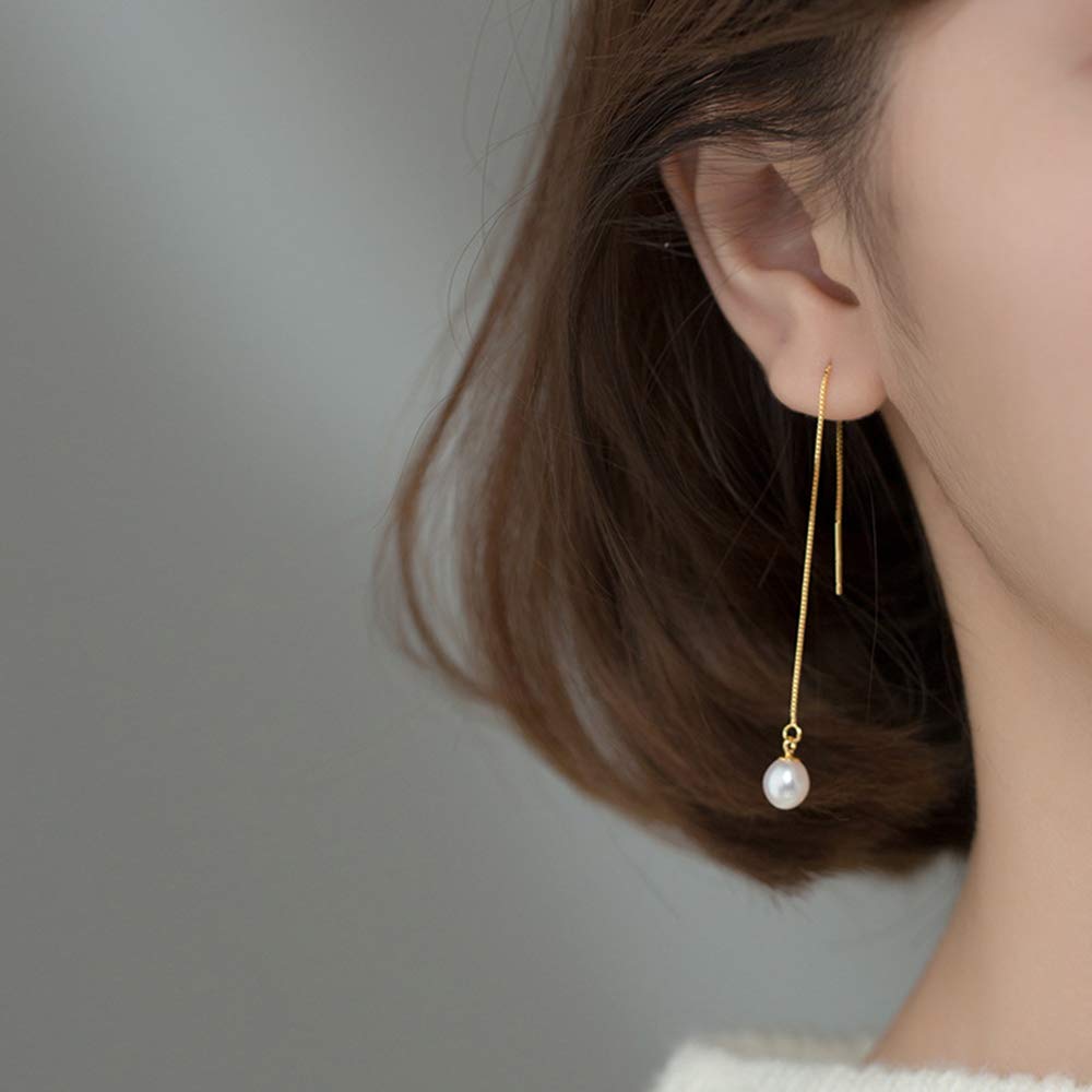Waterdrop Pearl Sterling Silver Threader Earrings for Women Girls Elegant Shell Pearl Long Tassel Chain Dangle Drop Statement Earring Studs Ear Line Dainty Jewelry Gifts Hypoallergenic 18K Gold Plated (Yellow Gold)