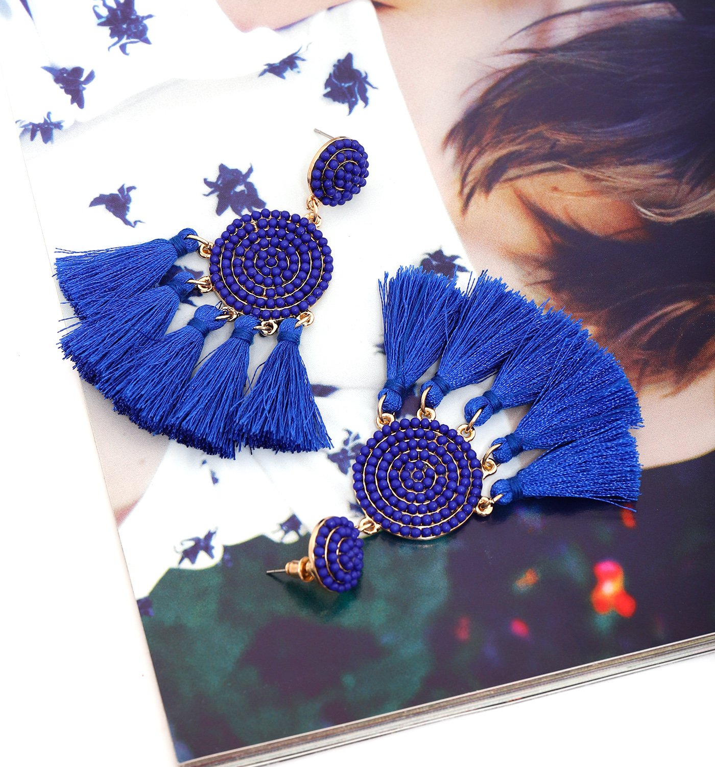 XOCARTIGE Tassel Earrings Thread Fringe Chandelier Drop Dangle Earrings Bohemia Beaded Disc Stud Earring for Women(Blue)