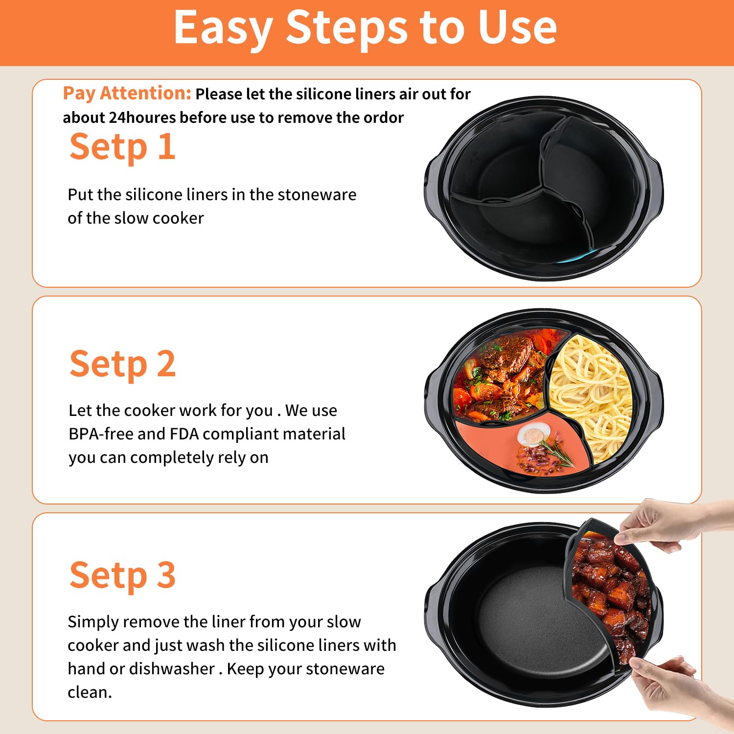 YSF Silicone Slow Cooker Liners, Reusable 3 Divider Inserts, Fits Crock-pot Oval 7 QT 3-in-1 Slow Cooking, Leakproof, Dishwasher Safe, Food-Grade BPA Free, 7 Quart Cook Three Dishes at Once (Black)