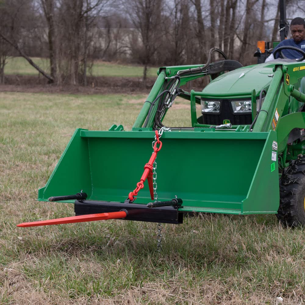 Titan Attachments Hay Bale Spear Frame Attachment with Stabilizer Spears, Universal HD Front Skid Steer Tractor Loader Bucket, 3000 LB Capacity, Conus 2 Sleeves, Chain and Ratchet Binder Included
