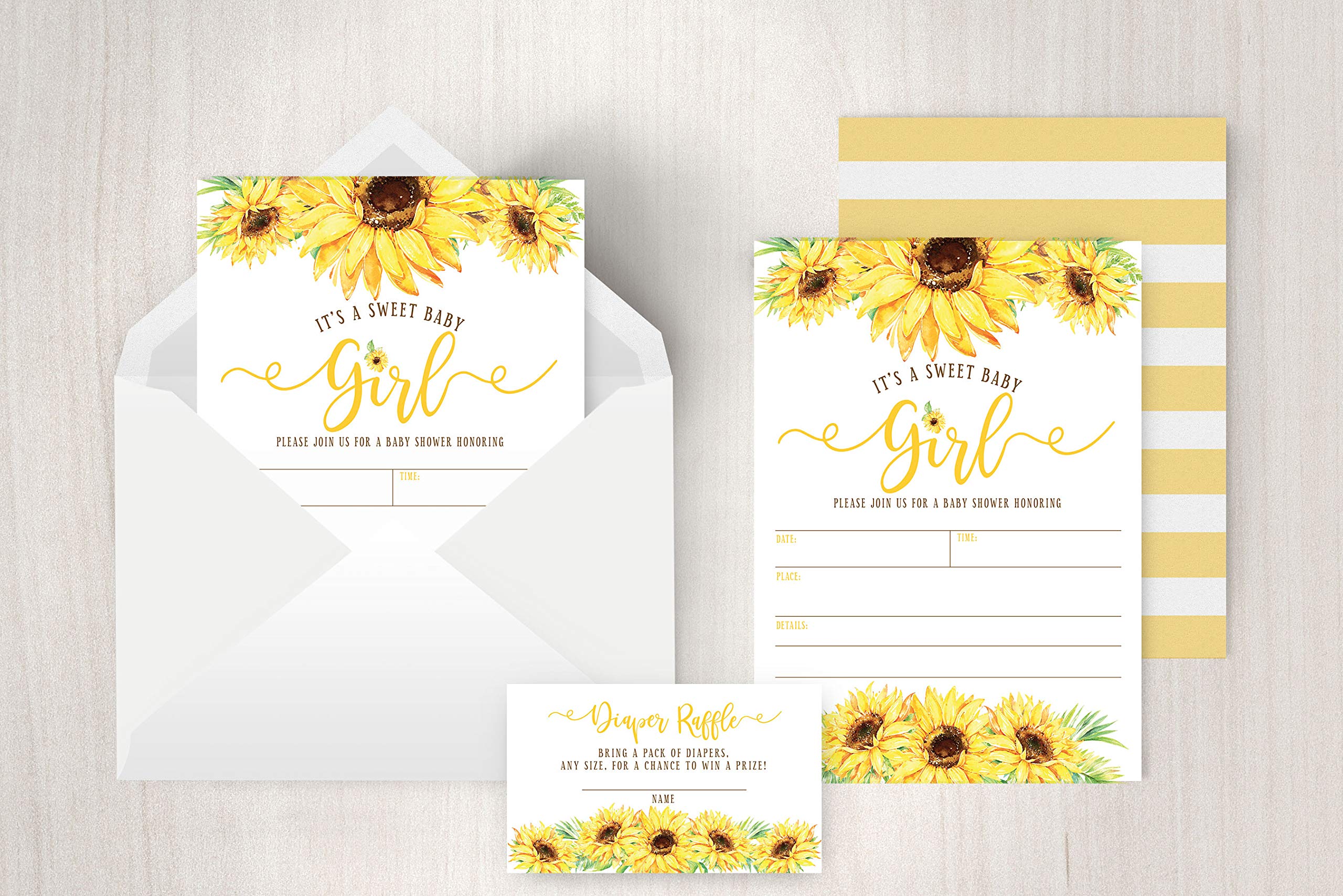 Your Main Event Prints Sunflower Girl Baby Shower Invitations, Yellow Floral Baby Shower Invites with 20 Invitations, with diaper raffles.