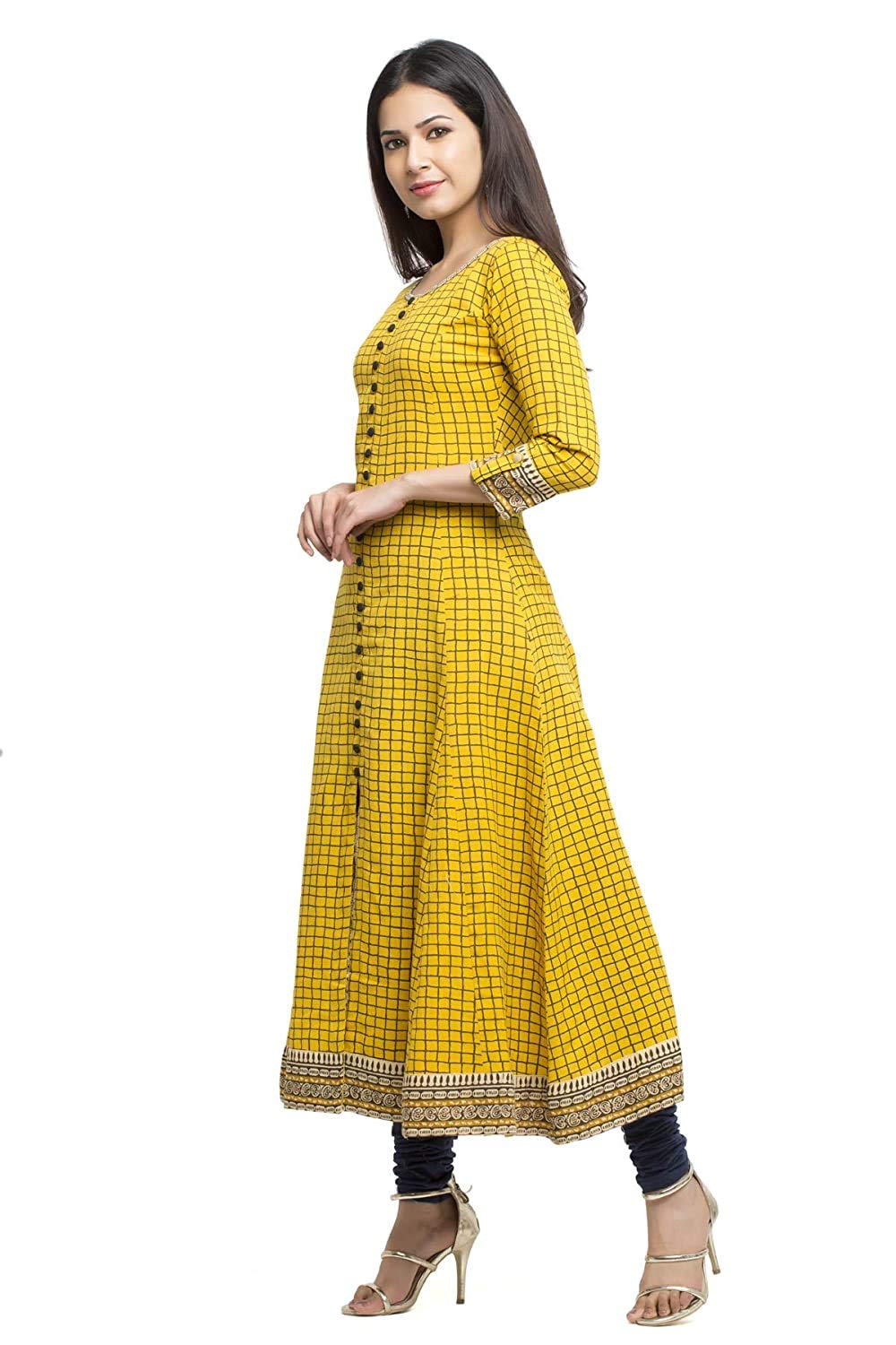 Yash Gallery Women's Cotton Slub Checks Print 3/4 Sleeves Anarkali Kurta (Yellow, XL)