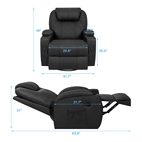 YESHOMY 360°Swivel Rocker Recliner with Massage and Heating Functions, PU Leather Sofa Chair with Remote Control and Two Cup Holders, Suitable for Living Room, Black