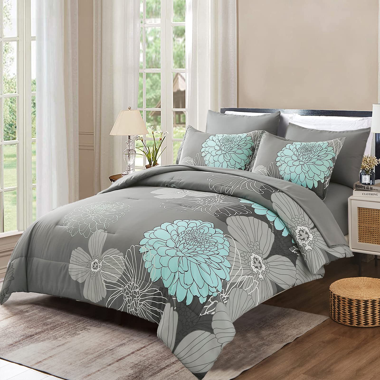 Yiran 7 Pieces Bed in a Bag Floral Comforter Set Queen Flowers Bedding Set Soft Microfiber Comforter Sets with 1 Comforter 1 Flat Sheet 1 Fitted Sheet 2 Pillowshams and 2 Pillowcases