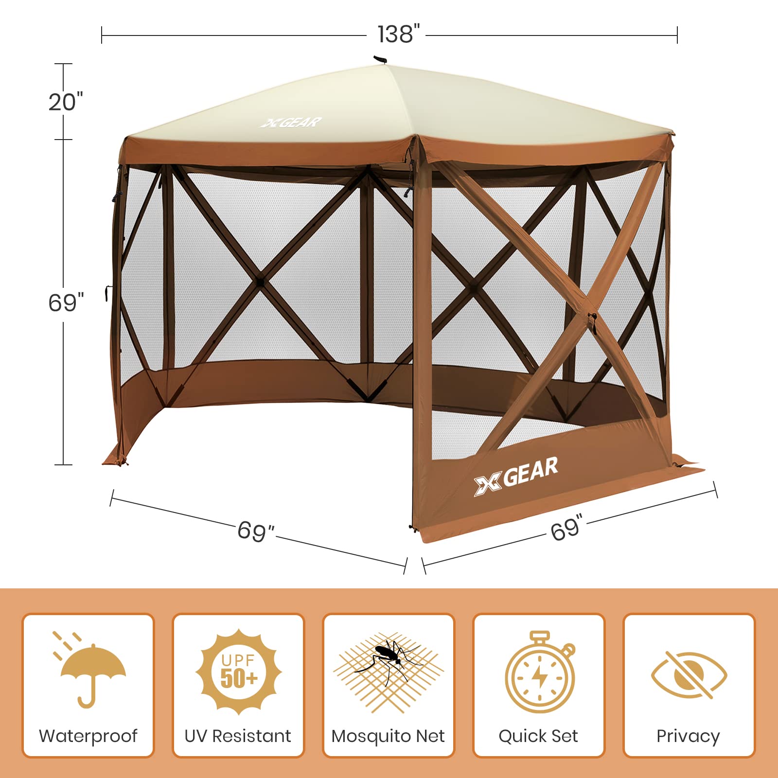 XGEAR 6 Sided Pop Up Camping Gazebo 11.5βx11.5β Instant Canopy Tent Sun Shelter Screen House with Mosquito Netting, for Patio, Backyard, Outdoor,Brown