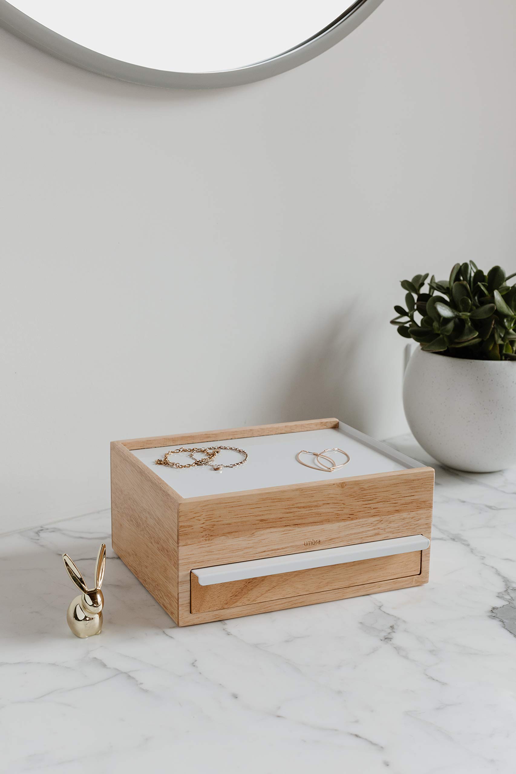 Umbra Stowit Jewelry Box - Modern Keepsake Storage Organizer with Hidden Compartment Drawers for Ring, Bracelet, Watch, Necklace, Earrings, and Accessories (White / Natural)
